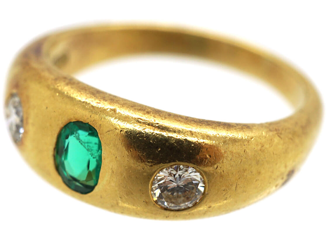 18ct Gold Emerald & Diamond Rub Over Set Ring (627M) | The Antique ...