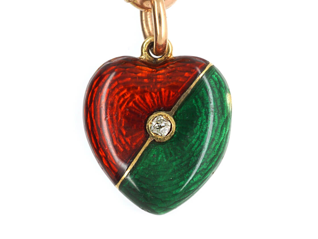 Edwardian 15ct Gold, Green & Red Enamel Heart Locket set with a Diamond ...