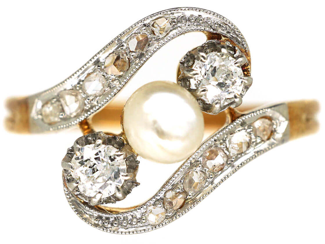 Art Nouveau 18ct Gold & Platinum, Diamond & Natural Pearl Crossover ...