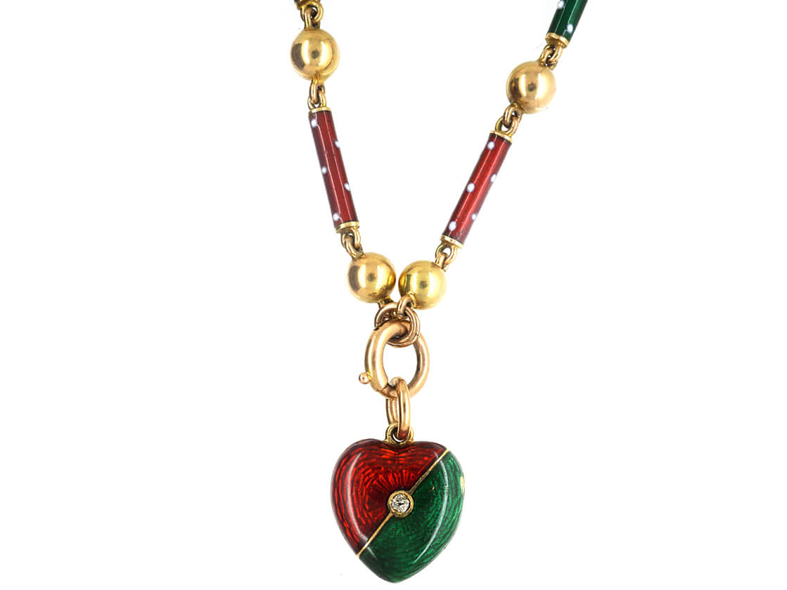 Edwardian 15ct Gold, Green & Red Enamel Heart Locket set with a Diamond ...