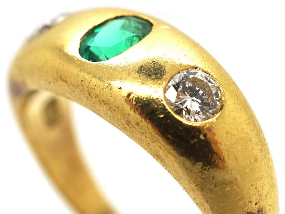 18ct Gold Emerald & Diamond Rub Over Set Ring (627M) | The Antique ...