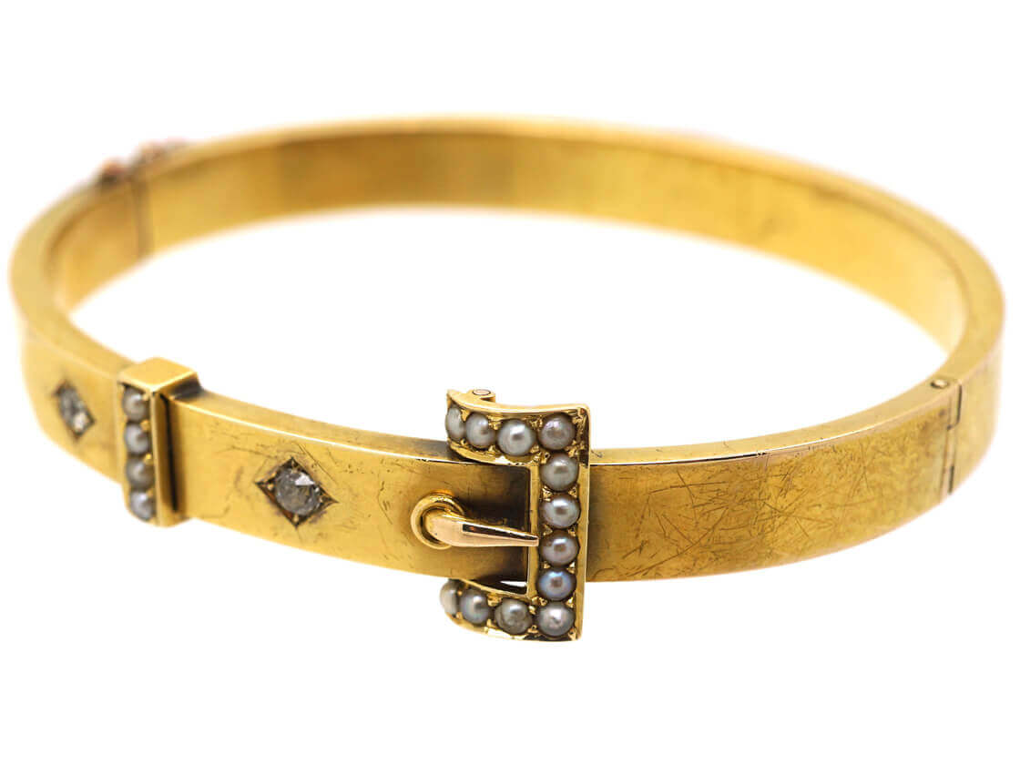 Edwardian 15ct Gold Buckle Bangle set with Diamonds & Natural Split ...