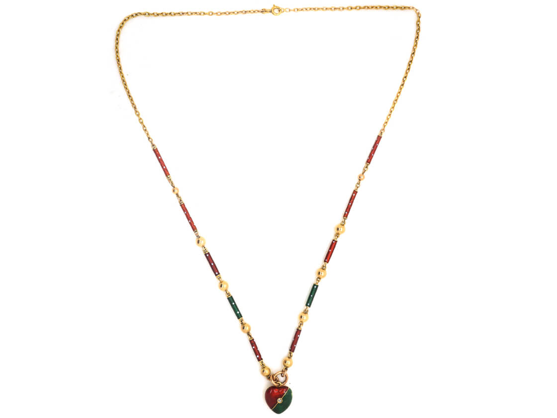 Edwardian 15ct Gold, Green & Red Enamel Heart Locket set with a Diamond ...