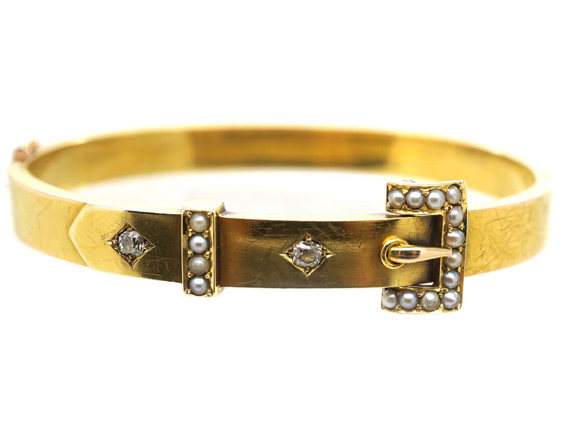Edwardian 15ct Gold Buckle Bangle set with Diamonds & Natural Split ...
