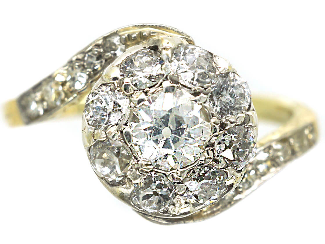 Edwardian 14ct Gold & Diamond Cluster Ring with Scroll Shoulders (764M ...