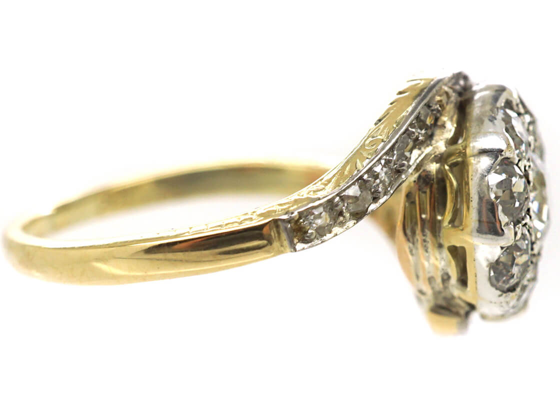 Edwardian 14ct Gold & Diamond Cluster Ring with Scroll Shoulders (764M ...