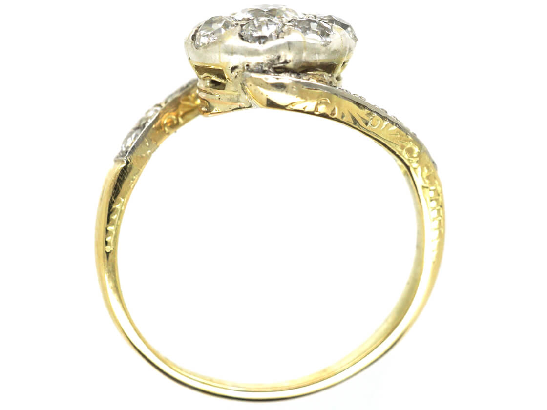Edwardian 14ct Gold & Diamond Cluster Ring with Scroll Shoulders (764M ...
