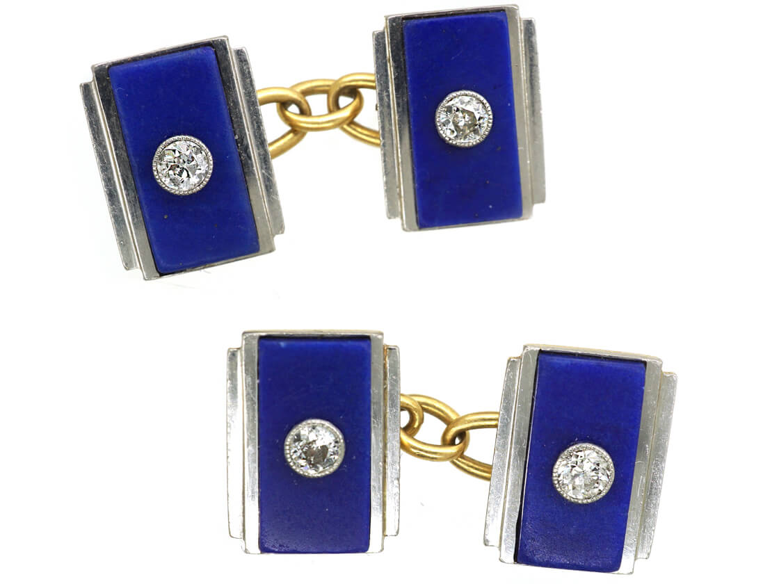 Art Deco 18ct Gold & Platinum, Lapis & Diamond Rectangular Cufflinks ...