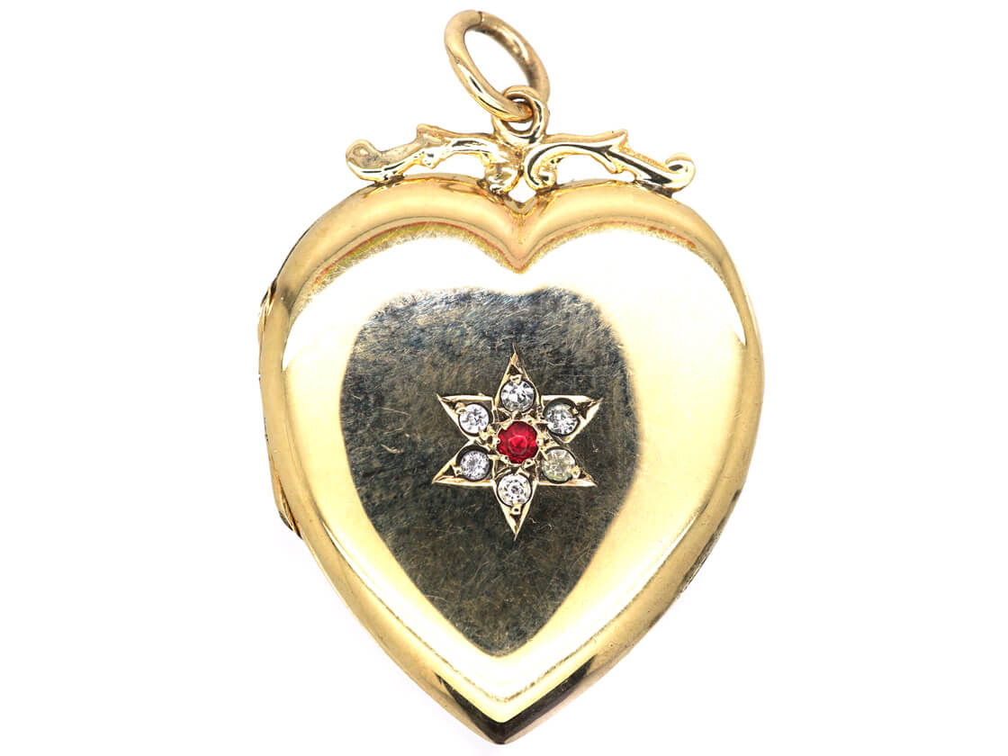 Edwardian 9ct Back & Front Heart Shaped Locket with Star Motif (935M ...