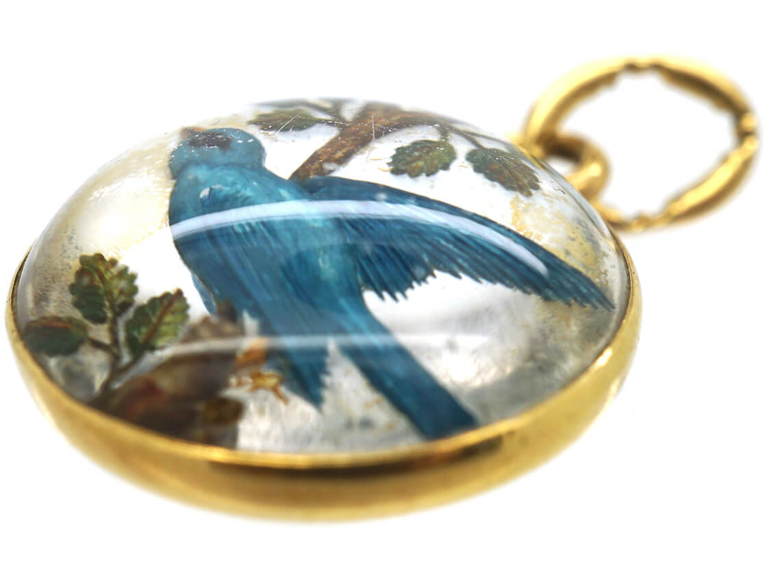 Edwardian 18ct Gold Reverse Intaglio Rock Crystal Pendant of a Bluebird ...