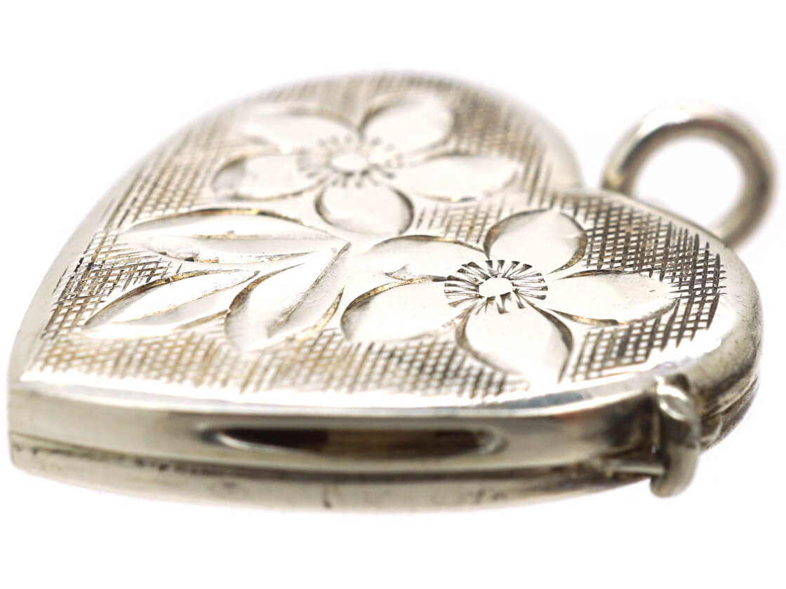 Silver Heart Locket with Engraved Flowers (980M) | The Antique ...