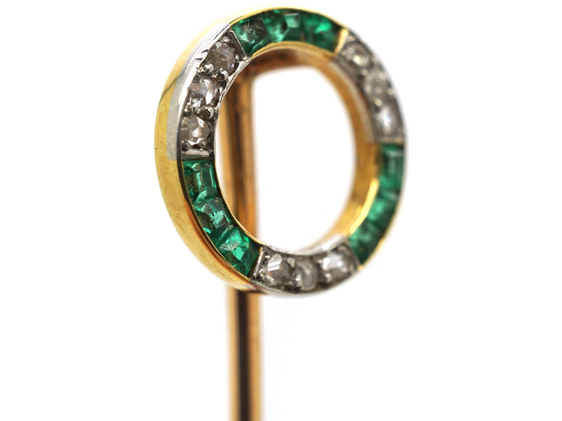 French 18ct Gold Art Deco Emerald & Diamond Circle Tie Pin (109N) | The ...