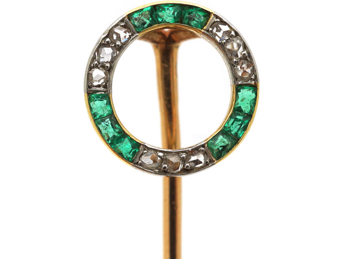 French 18ct Gold Art Deco Emerald & Diamond Circle Tie Pin (109N) | The ...