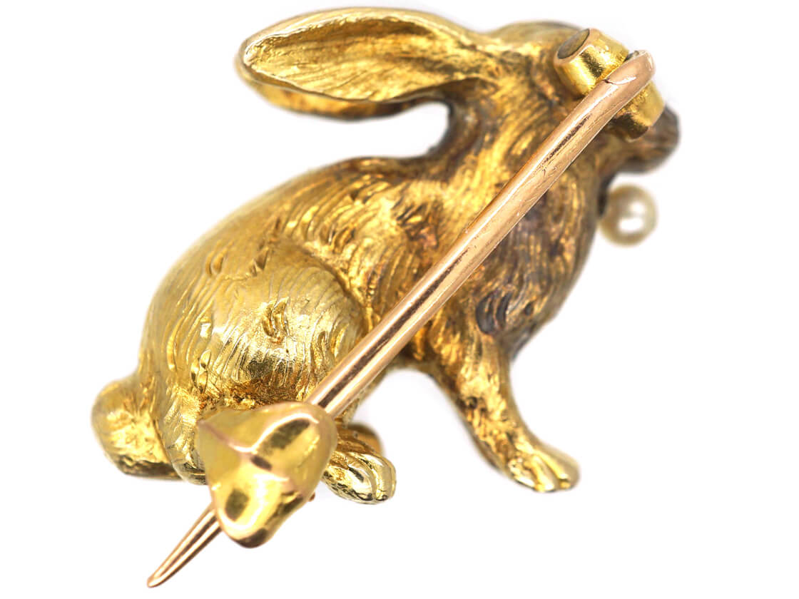 Edwardian 18ct Gold Rabbit Brooch with Rose Diamond & Pearl Collar ...