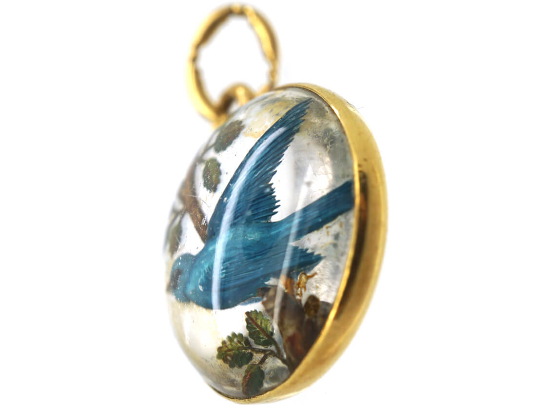Edwardian 18ct Gold Reverse Intaglio Rock Crystal Pendant of a Bluebird ...