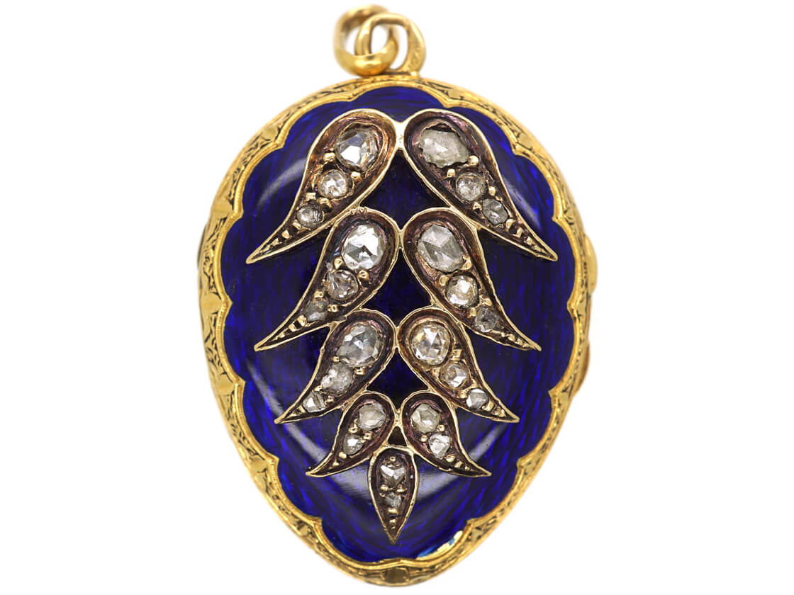 French 19th Century 18ct Gold Locket with Royal Blue Enamel & Rose ...