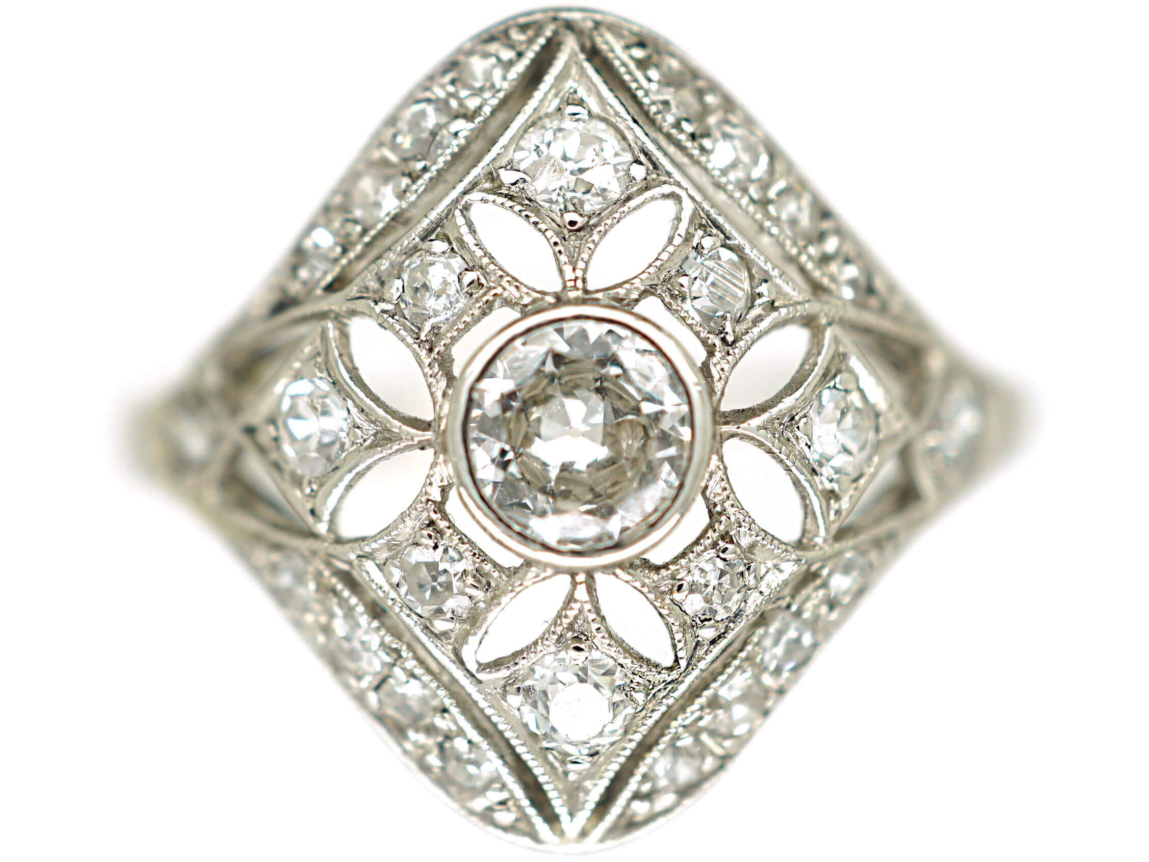 Art Deco French Platinum & Diamond Pierced Work Cluster Ring (227N ...