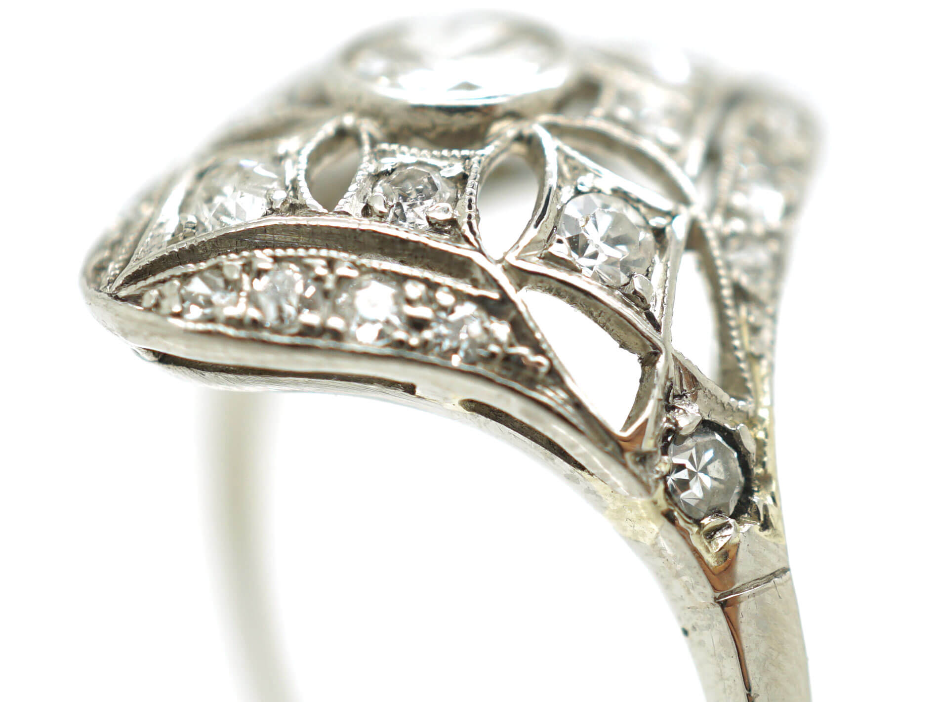Art Deco French Platinum & Diamond Pierced Work Cluster Ring (227N ...