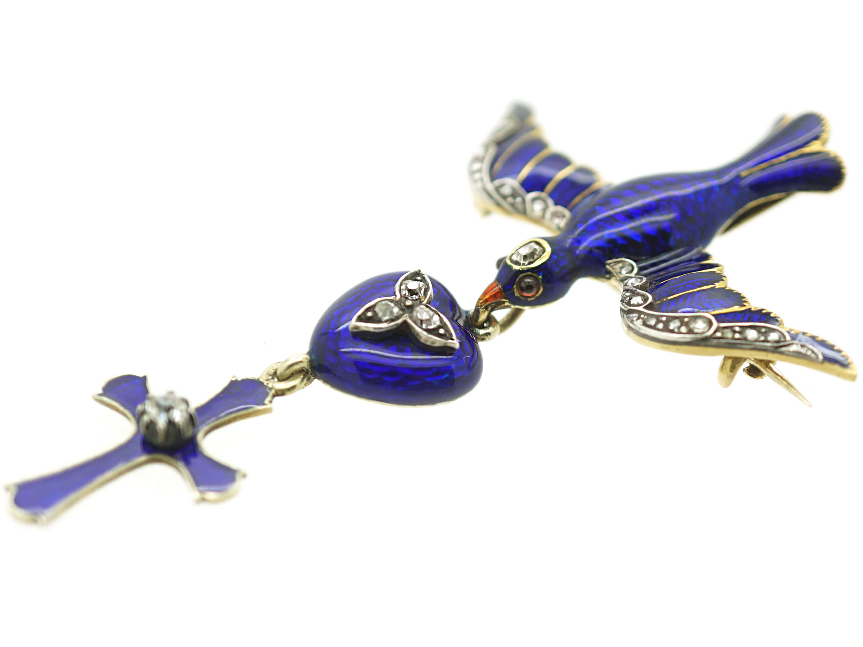 Georgian 18ct Gold Royal Blue Enamel & Diamond Dove of Peace Brooch ...