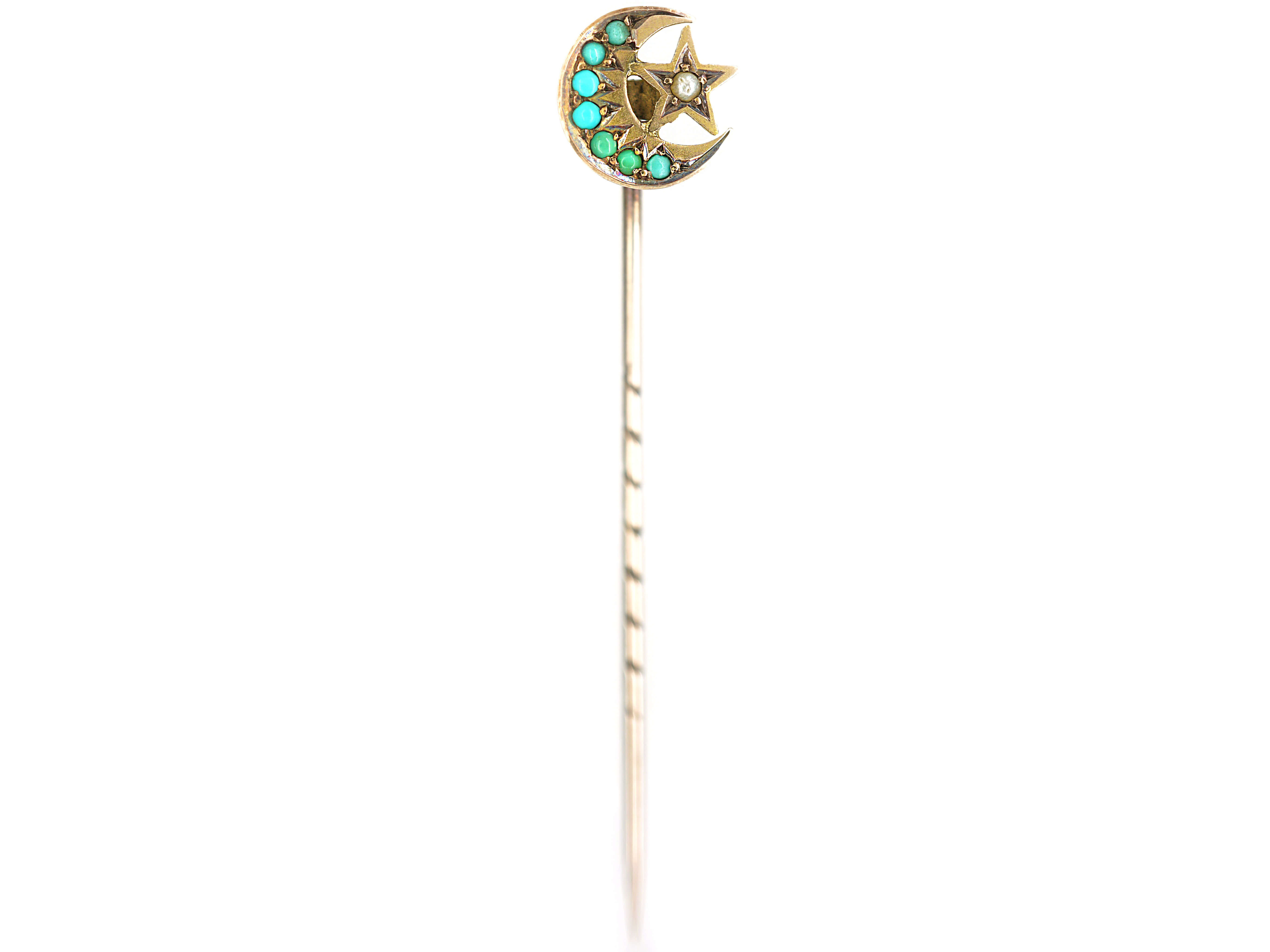 Edwardian 9ct Gold Moon & Star Tie Pin set with Turquoise & a Natural ...