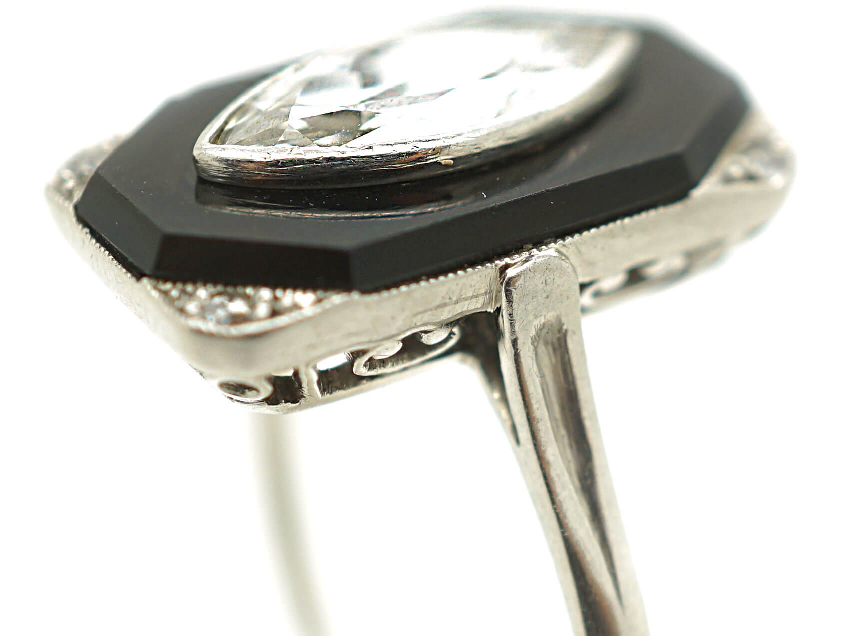 Art Deco Platinum Onyx & Marquise Diamond Rectangular Shaped Ring (358N ...