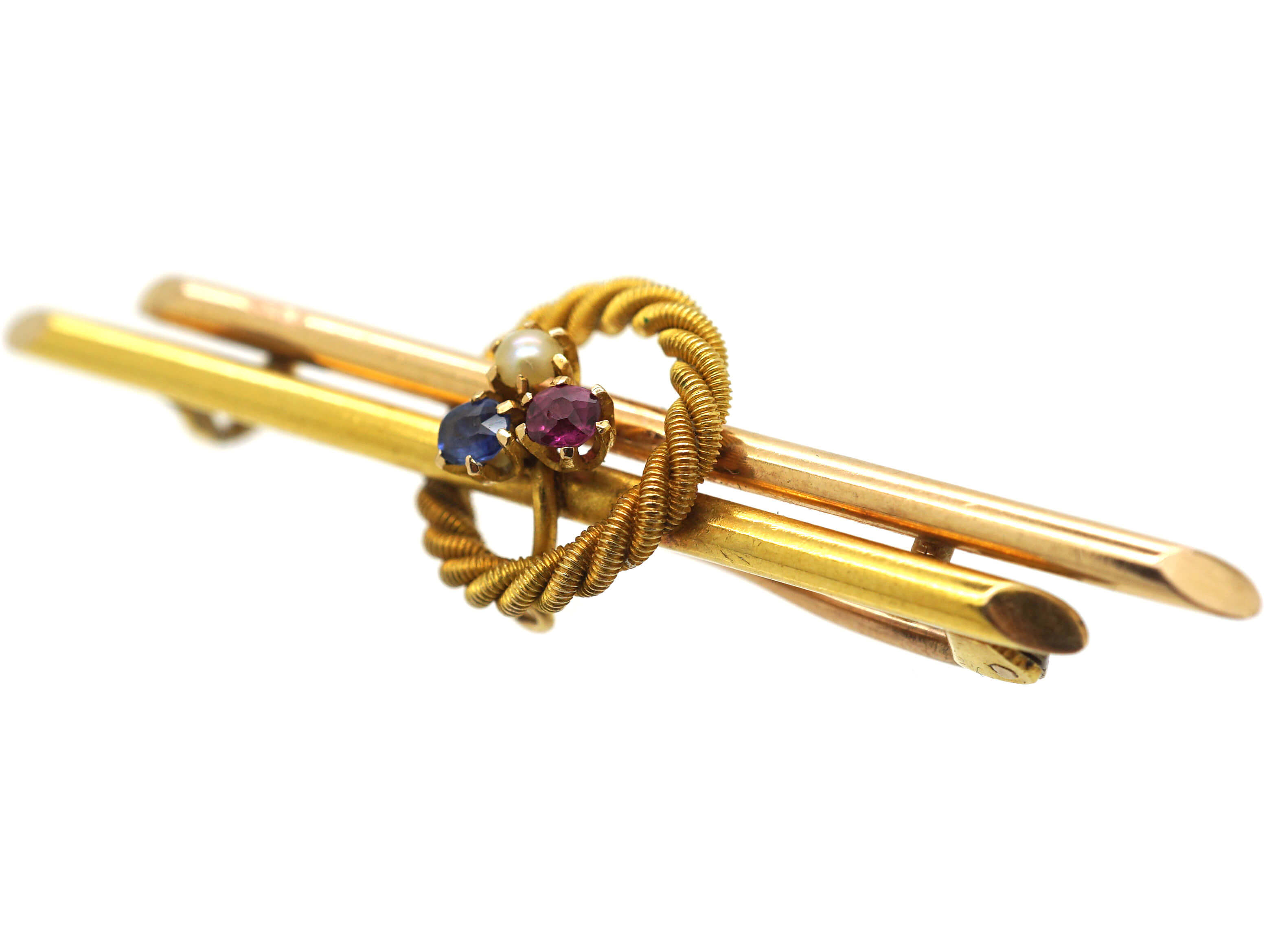 Victorian 15ct Gold Bar Brooch with a Ruby, Sapphire & Natural Pearl ...