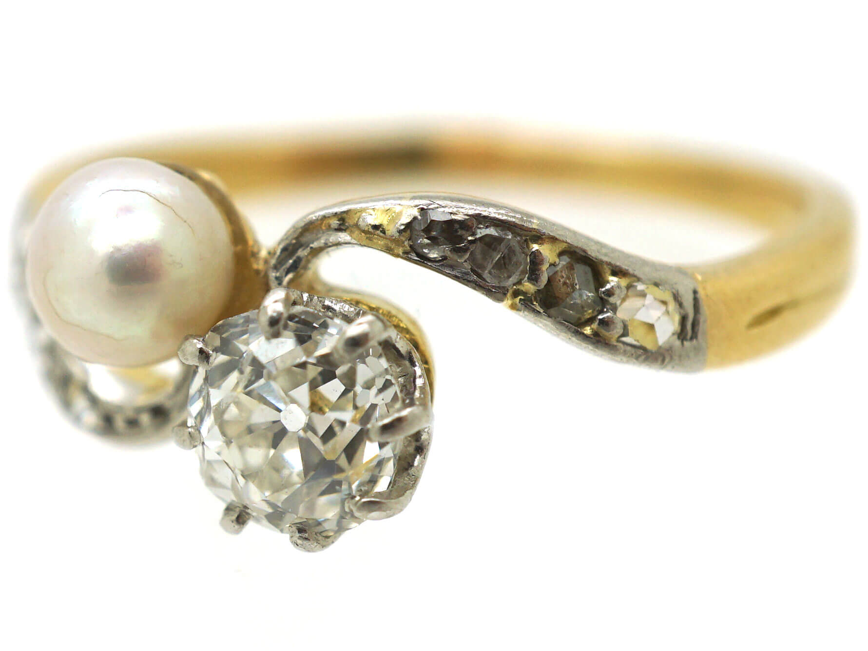 Edwardian 18ct Gold & Platinum, Diamond & Pearl Crossover Ring (316/O ...