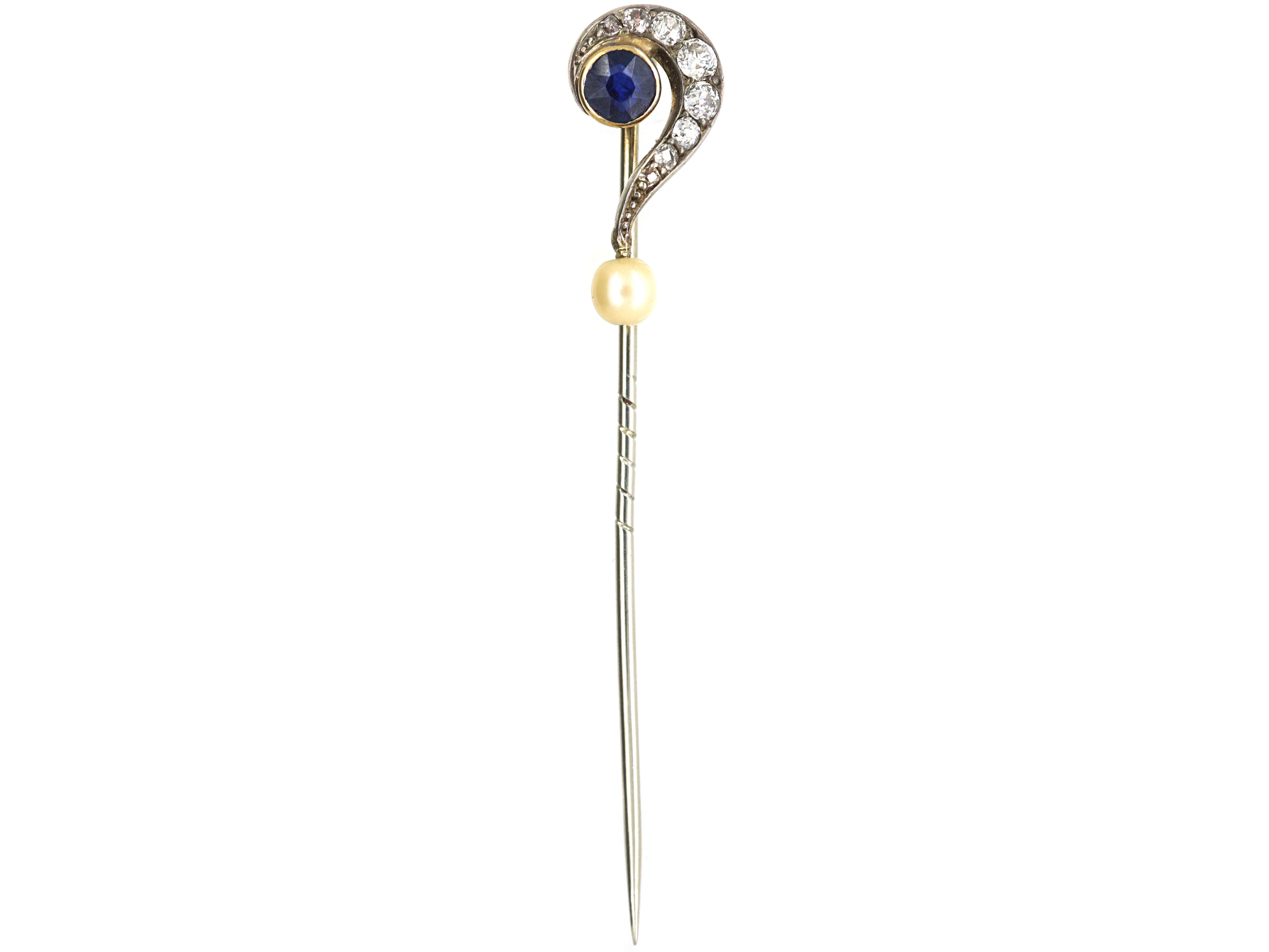 Edwardian Question Mark Tie Pin set with a Sapphire, Diamonds & a ...