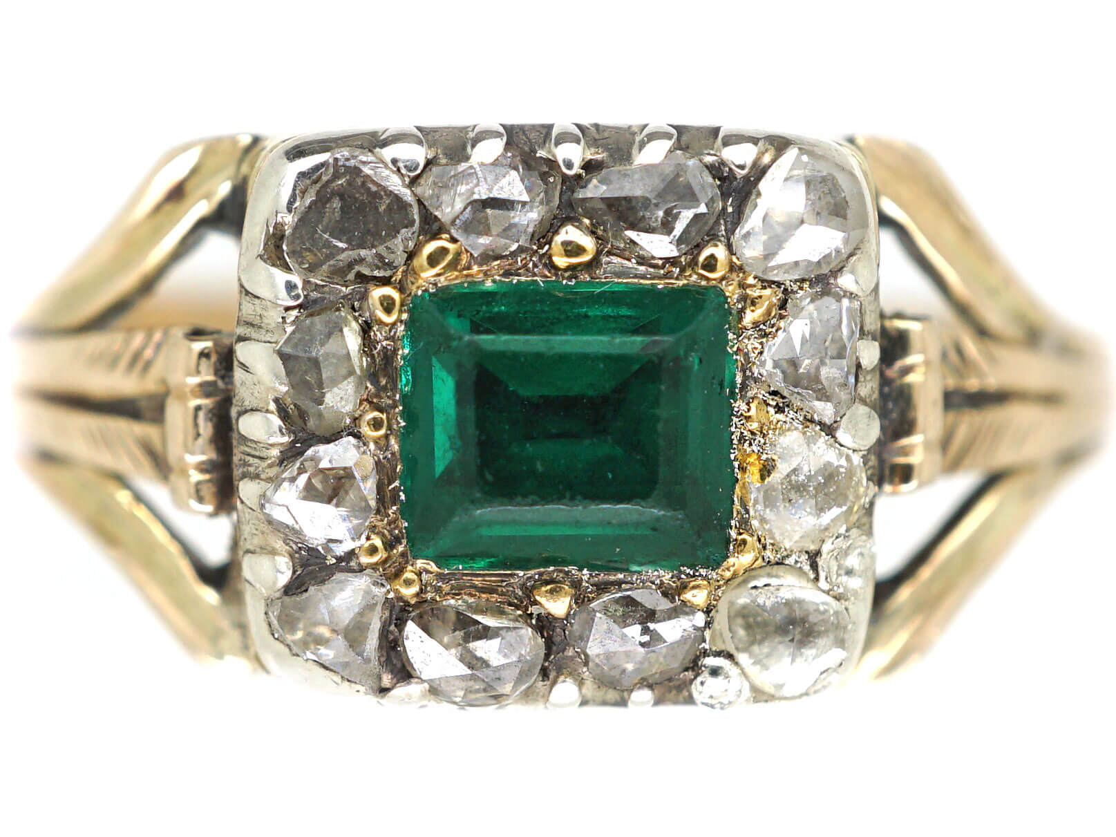Georgian 15ct Gold, Emerald & Rose Diamond Rectangular Design Ring ...