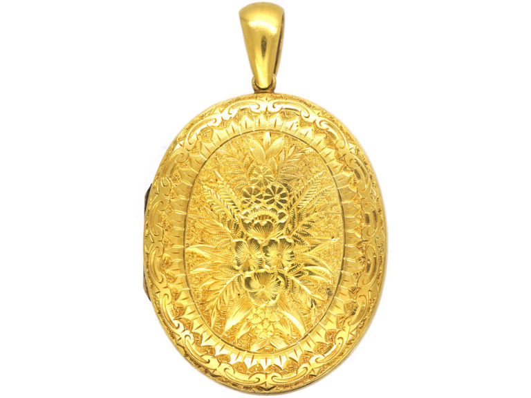 Victorian 15ct Gold Oval Engraved Locket - The Antique Jewellery Company