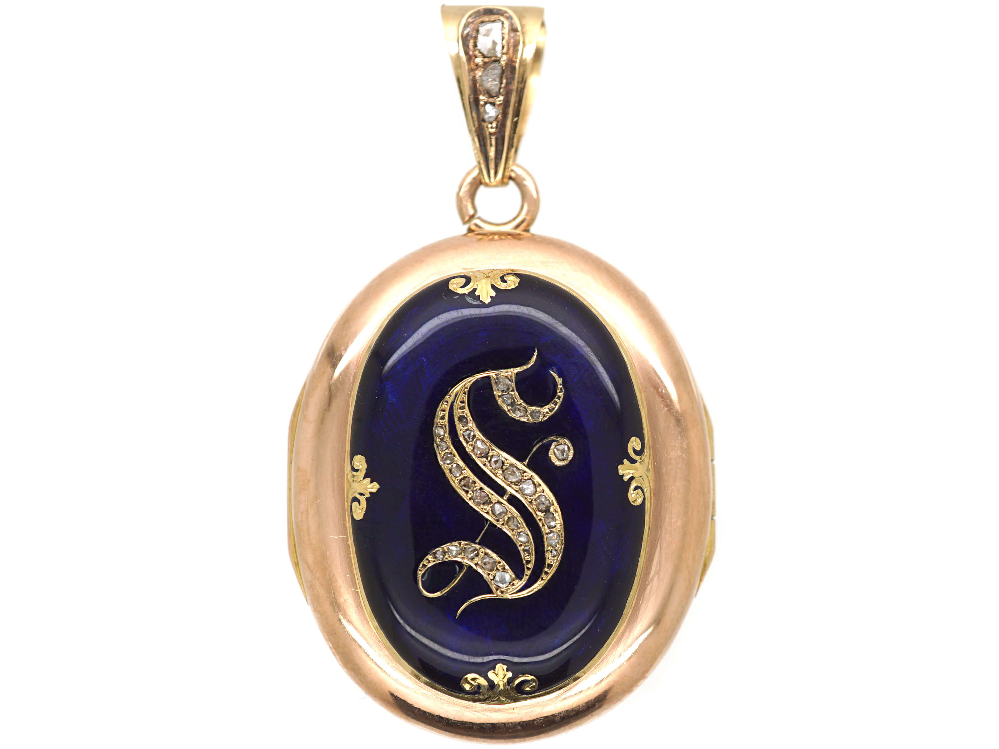 French 18ct Gold, Blue Enamel & Rose Diamond Oval Locket with the ...