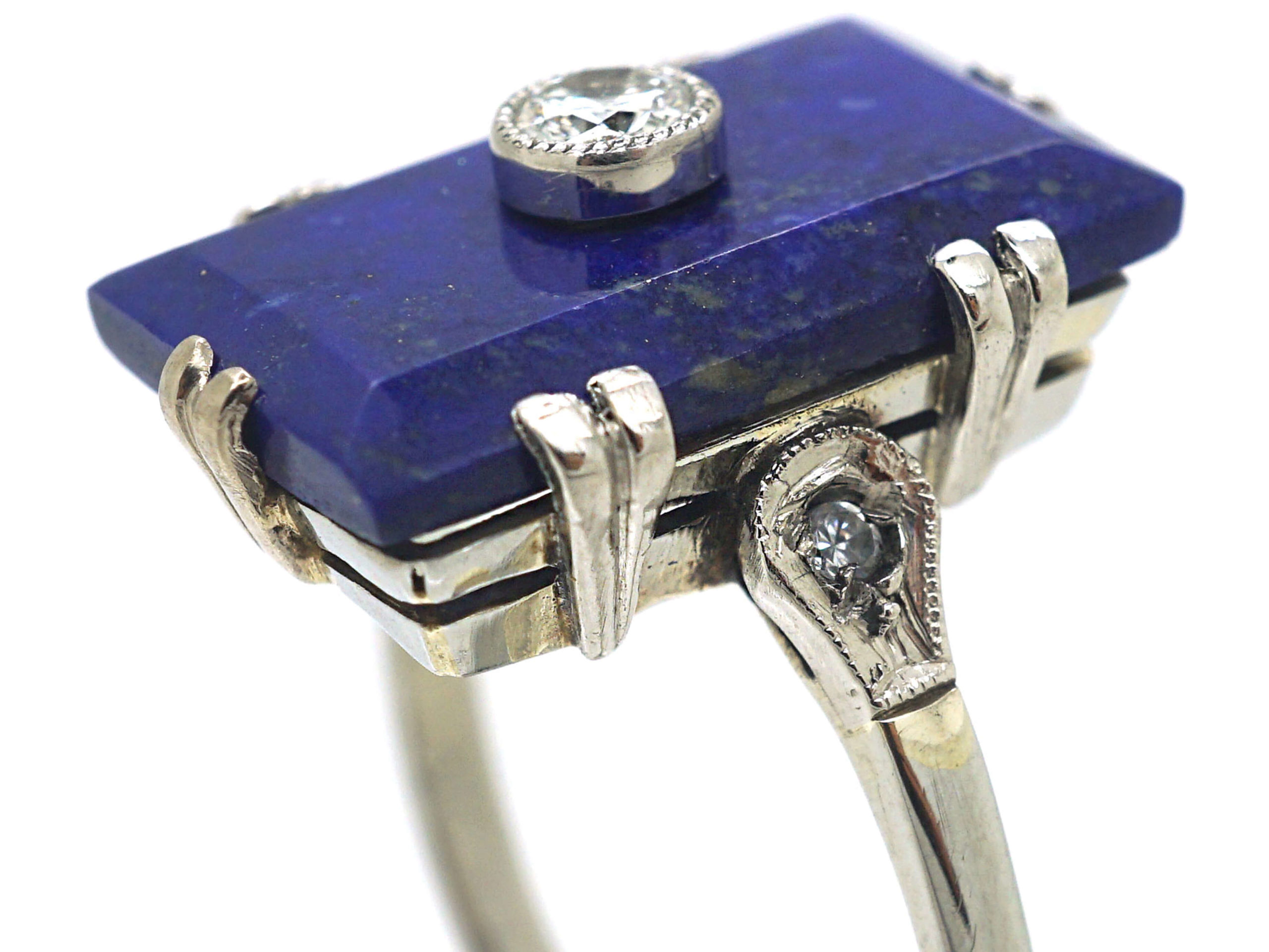 Art Deco 18ct White Gold & Platinum, Lapis Lazuli & Diamond Rectangular ...