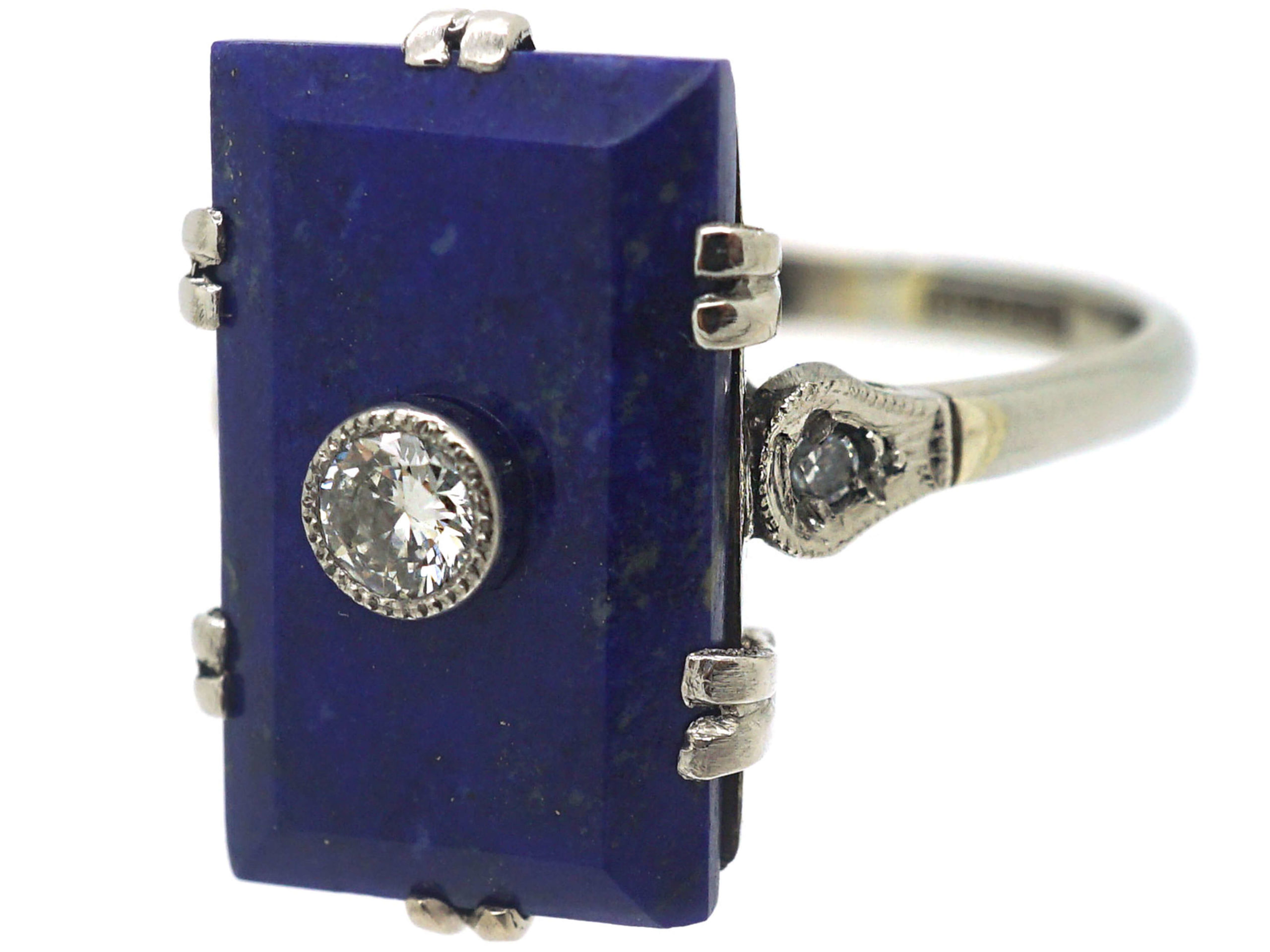 Art Deco 18ct White Gold & Platinum, Lapis Lazuli & Diamond Rectangular ...