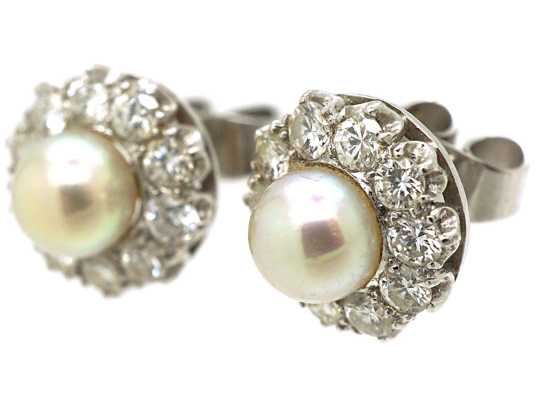 18ct White Gold Pearl And Diamond Cluster Earrings 692n The Antique
