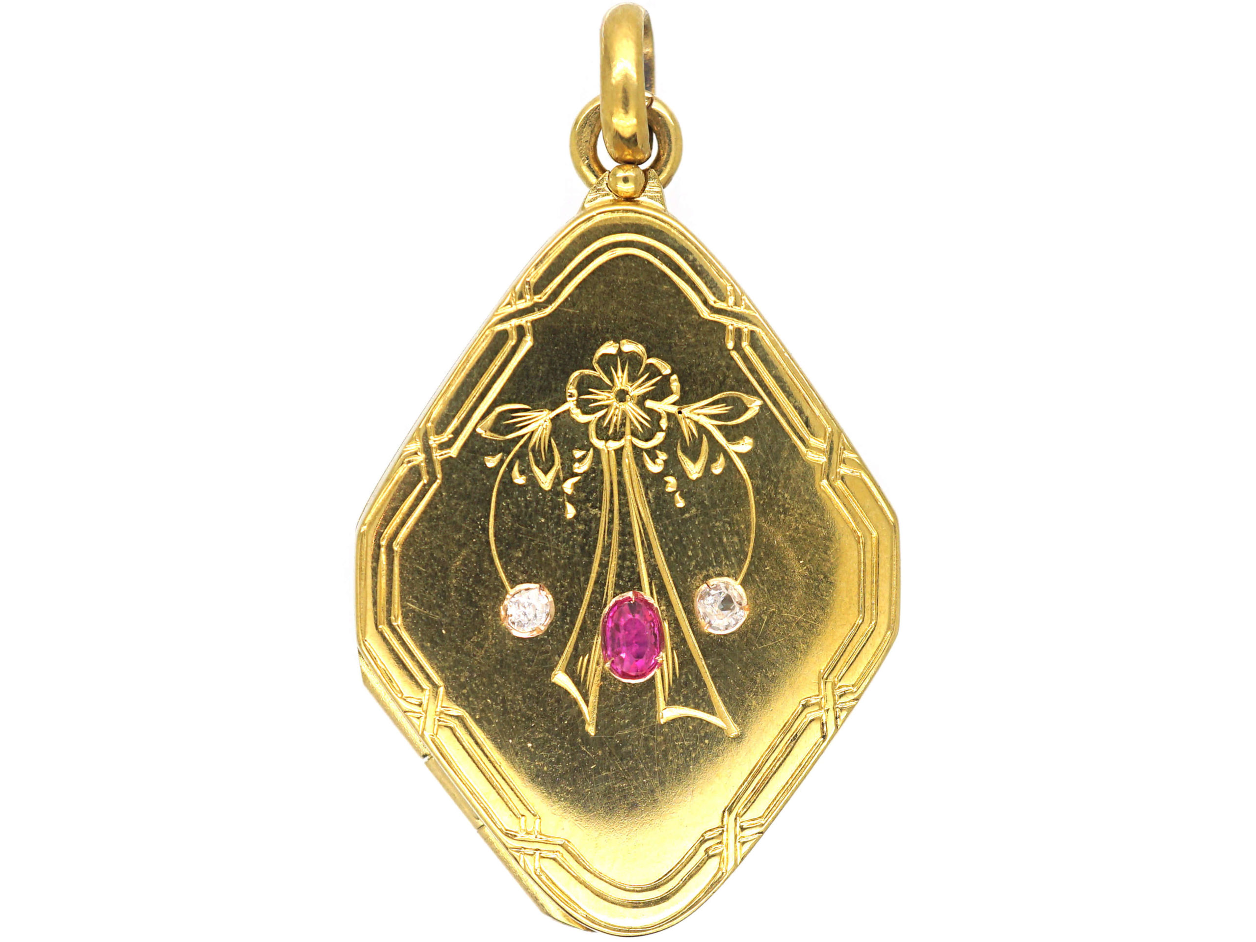 Edwardian 14ct Gold Locket set with a Ruby & Two Natural Split Pearls ...