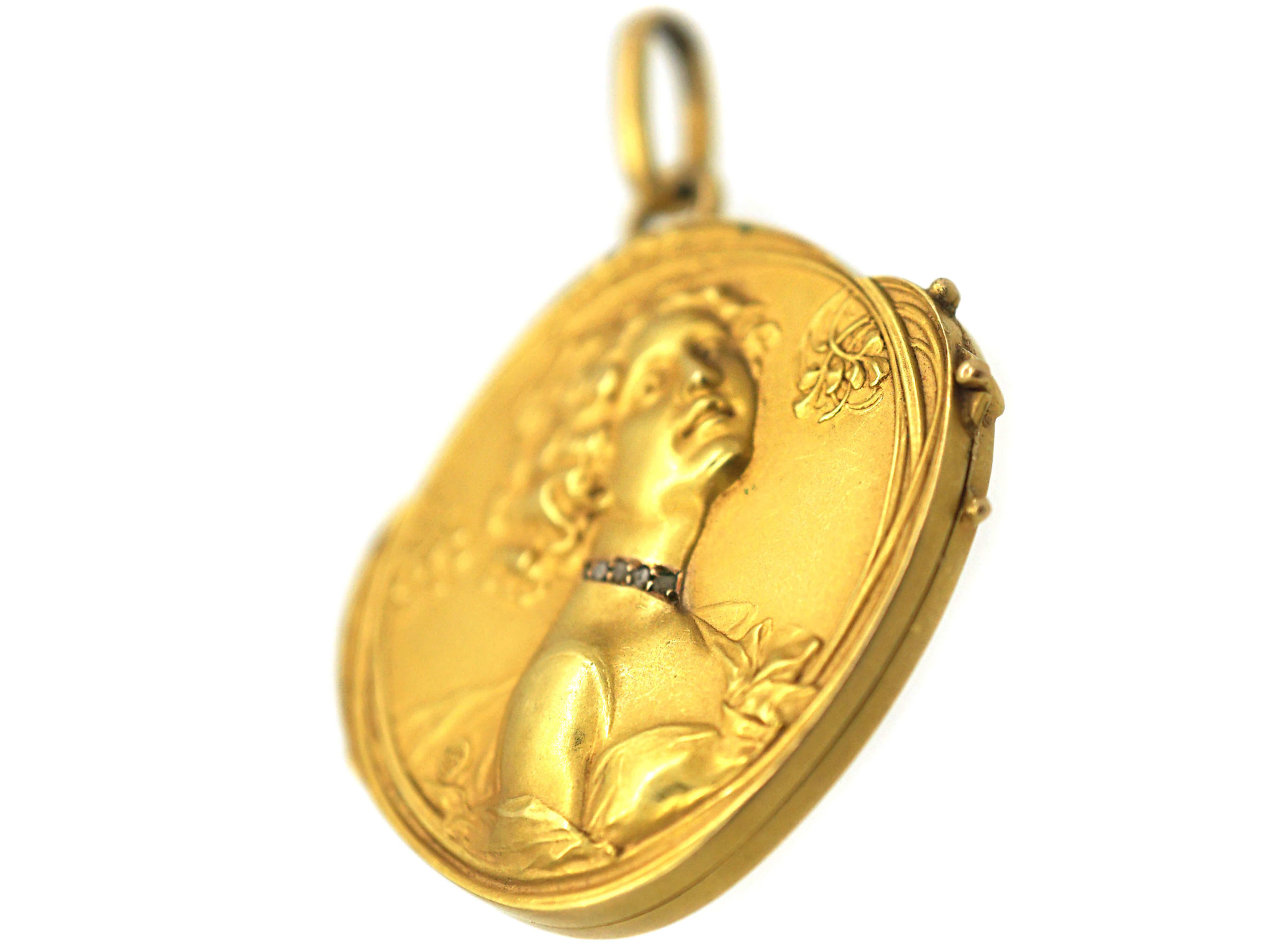 Art Nouveau 18ct Gold & Diamond Locket with Lady with Flowing Hair (31P ...