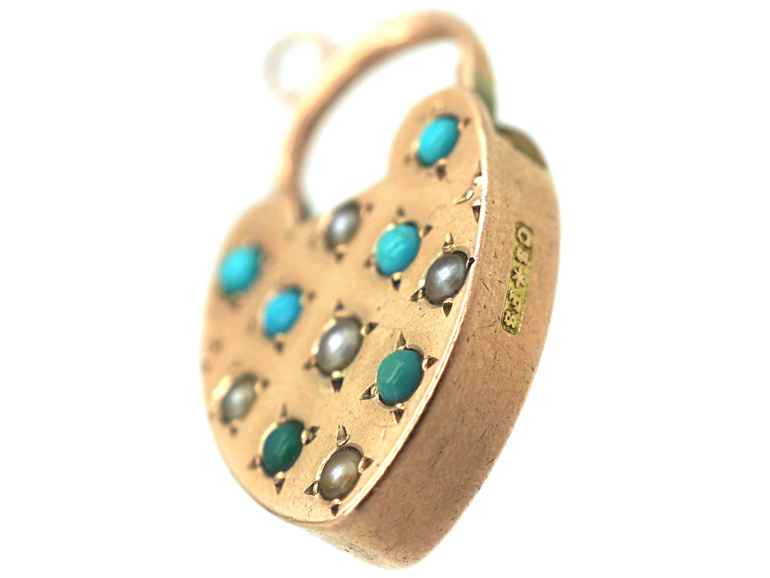 Victorian 9ct Gold Padlock set with Turquoise & Natural Split Pearls ...