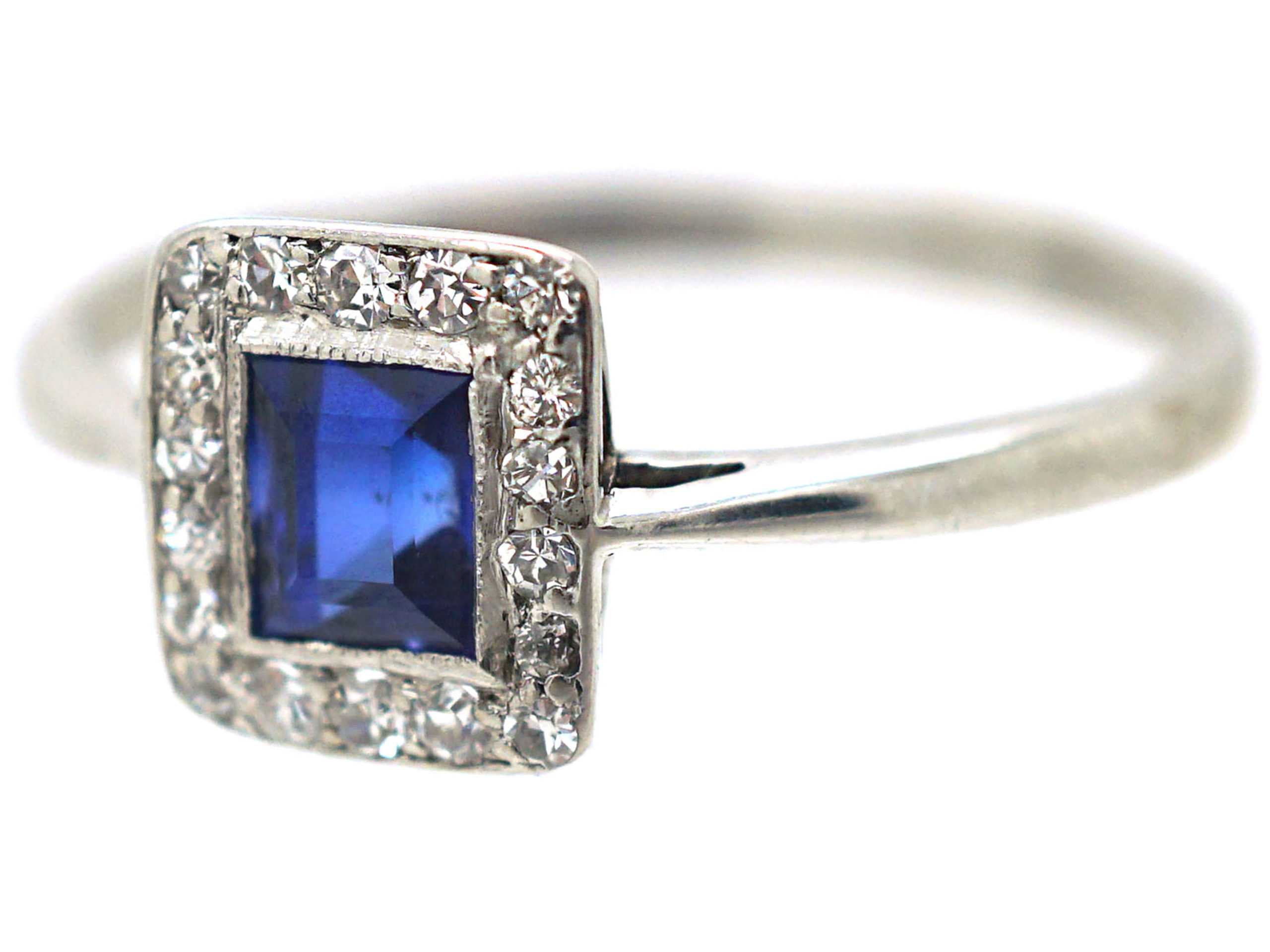 Art Deco 18ct White Gold Sapphire & Diamond Rectangular Shaped Cluster ...