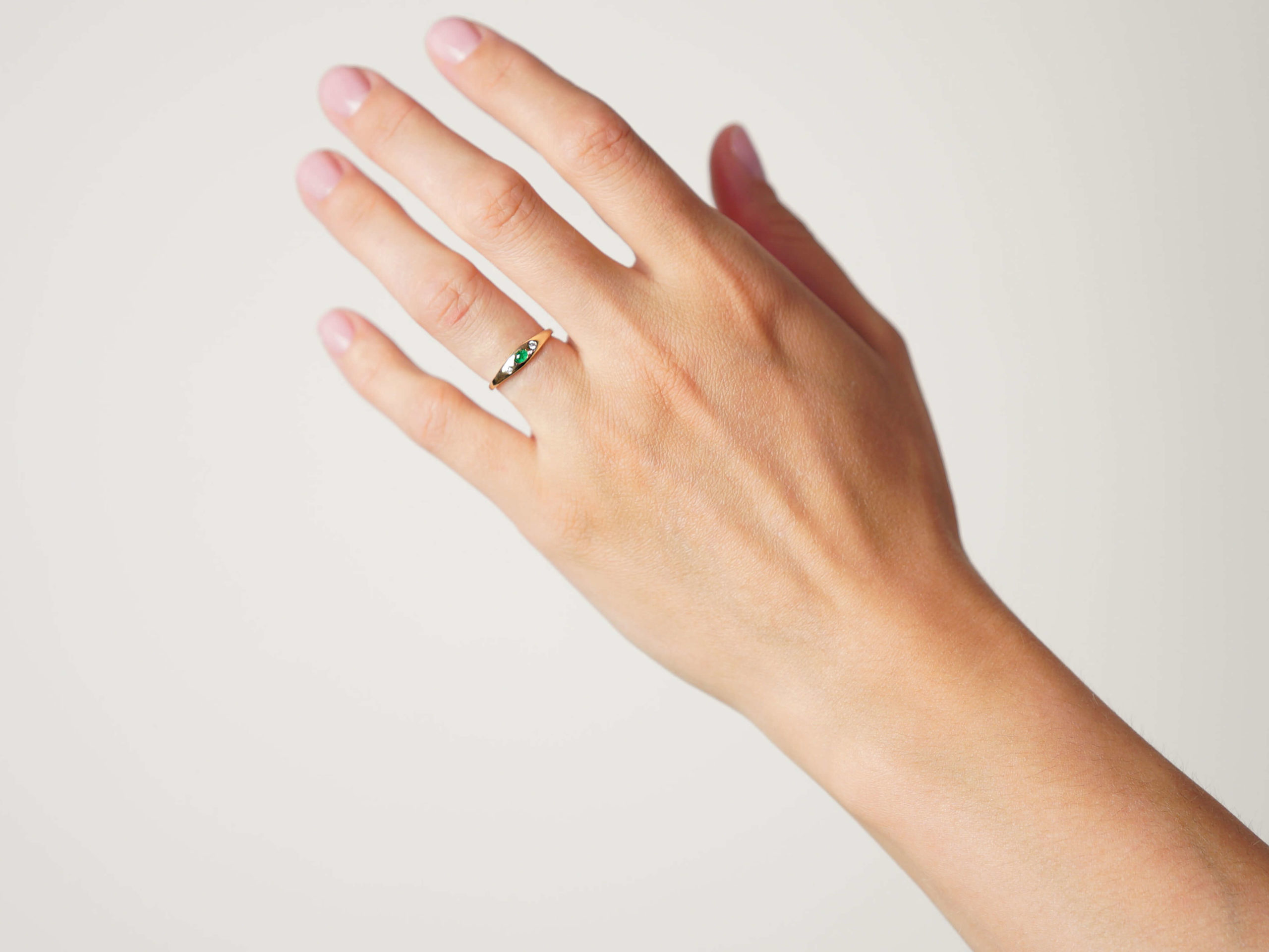 14ct Gold Diamond & Emerald Three Stone Rub Over Set Ring (118P) | The ...