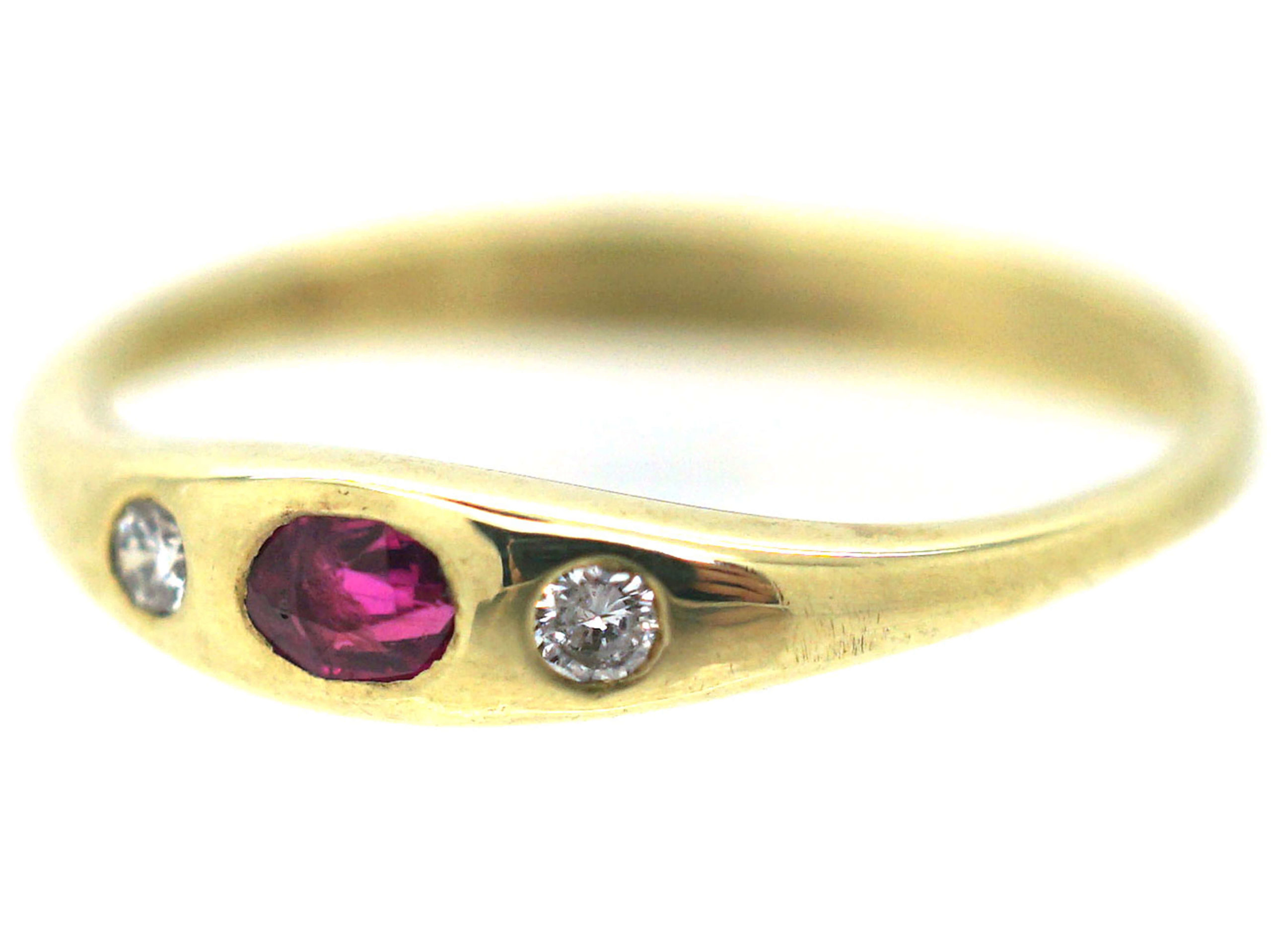 14ct Gold, Ruby & Diamond Three Stone Rub Over Set Ring (115P) | The ...