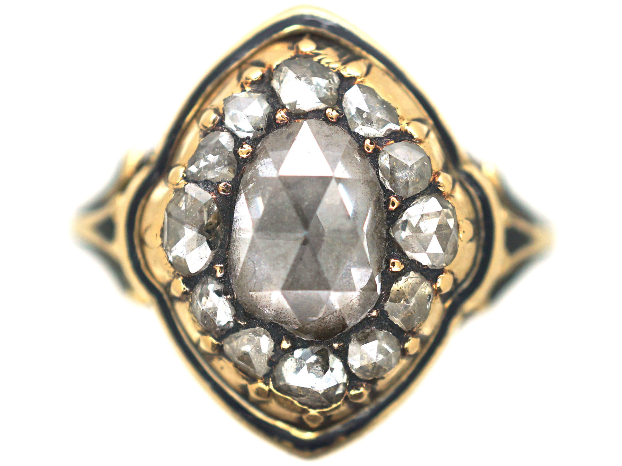 Victorian 18ct Gold And Black Enamel Rose Diamond Ring With Pear Shaped