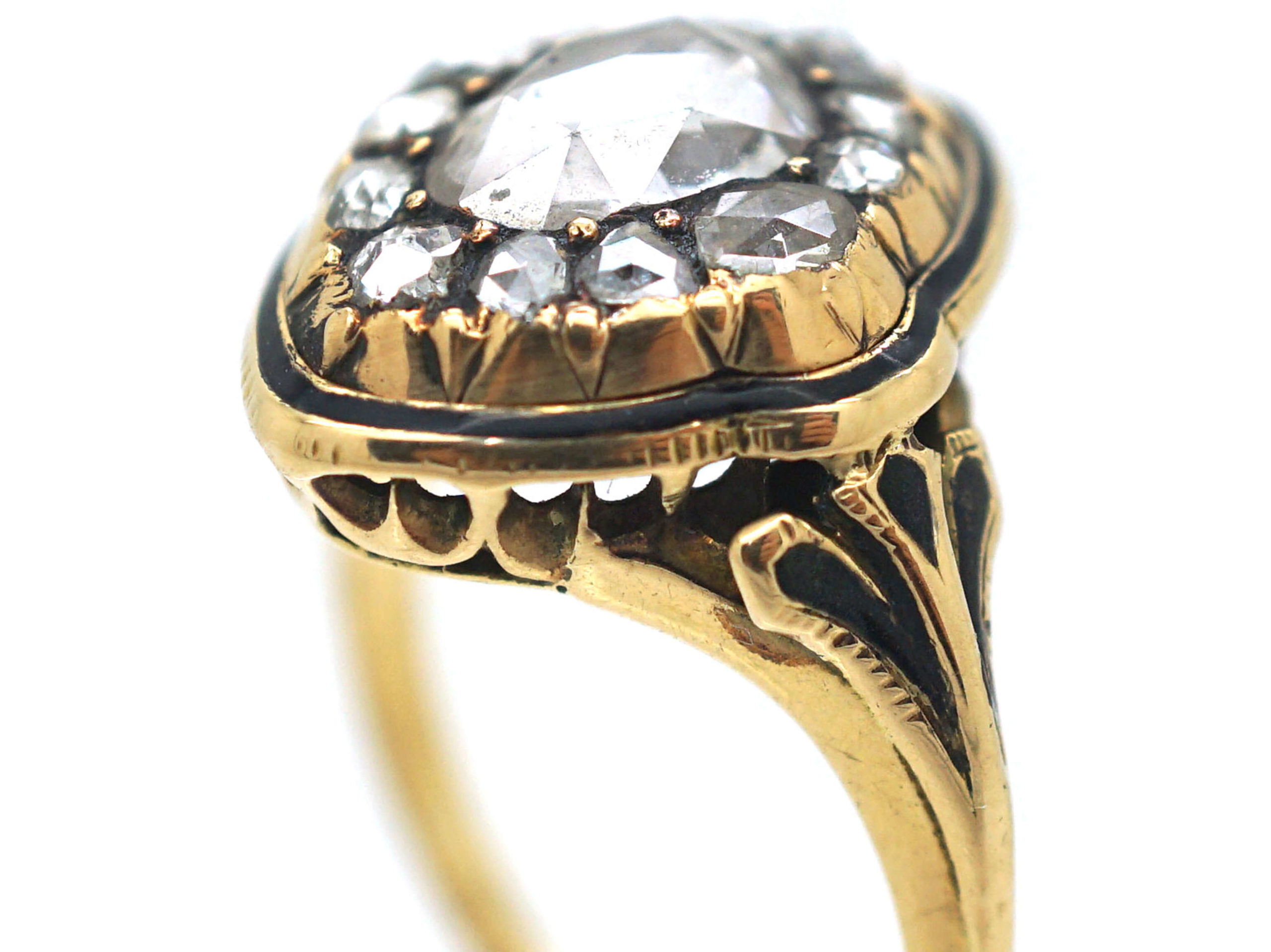 Victorian 18ct Gold And Black Enamel Rose Diamond Ring With Pear Shaped