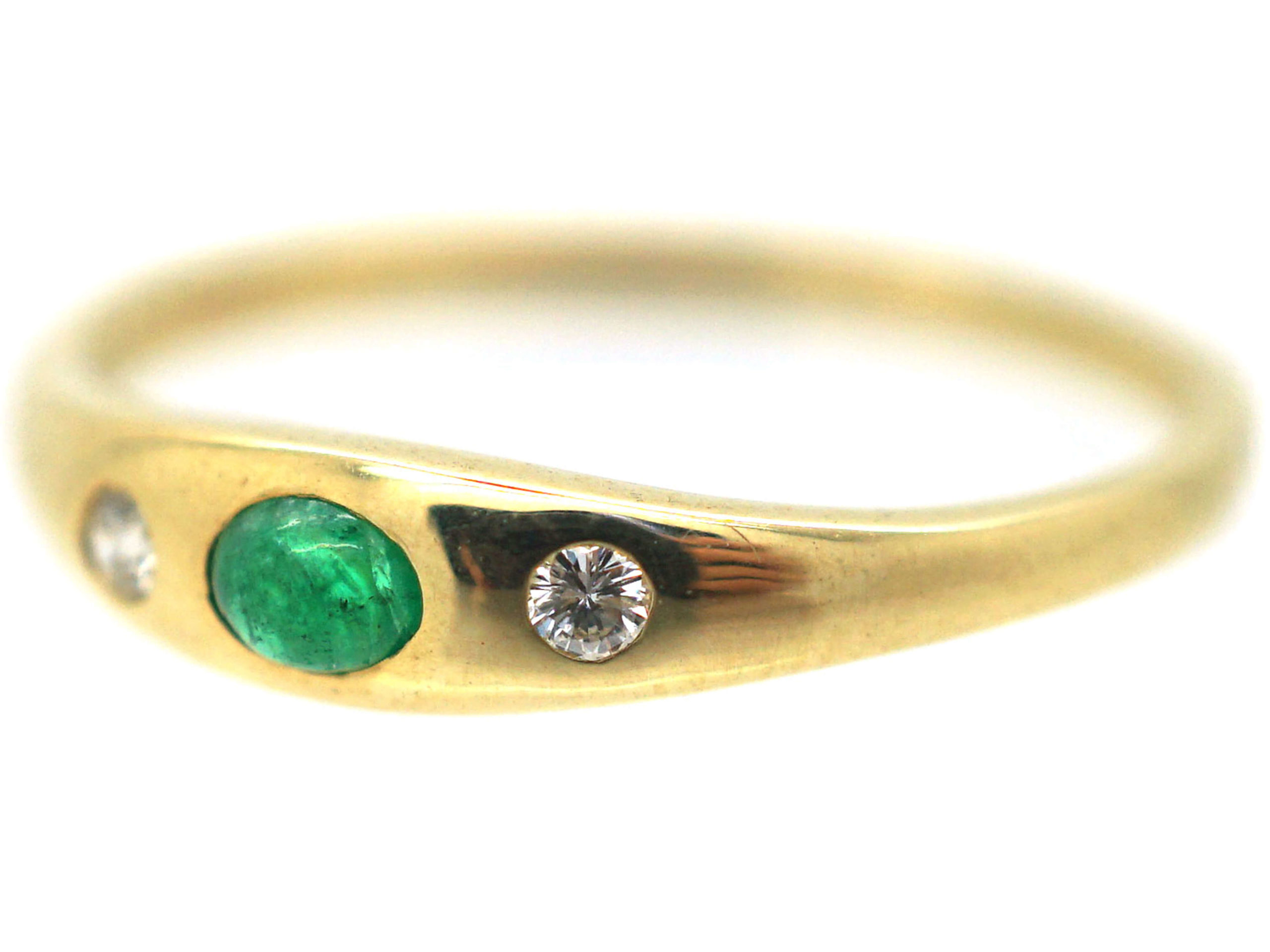 14ct Gold Diamond & Emerald Three Stone Rub Over Set Ring (118P) | The ...