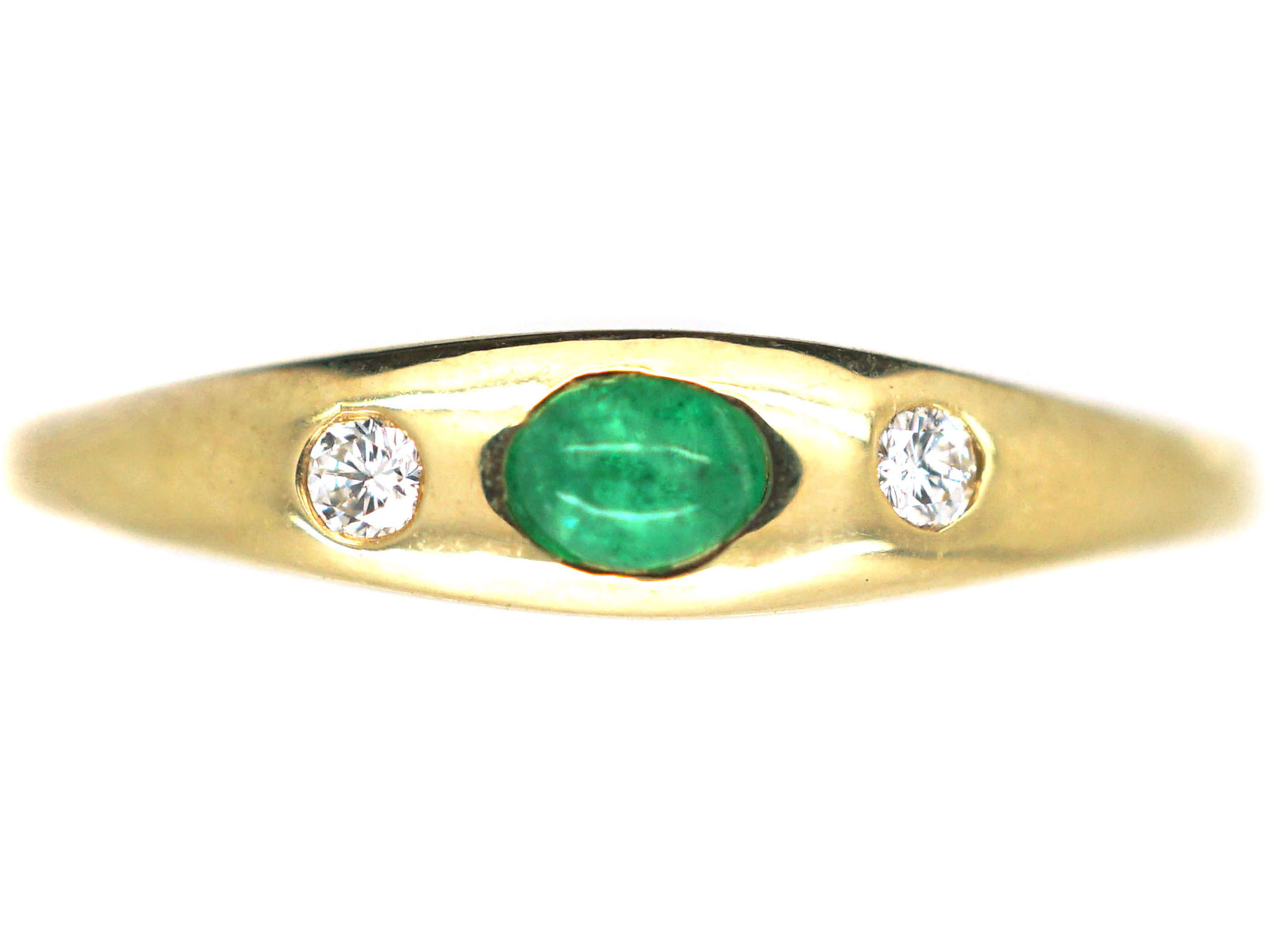14ct Gold Diamond & Emerald Three Stone Rub Over Set Ring (118P) | The ...