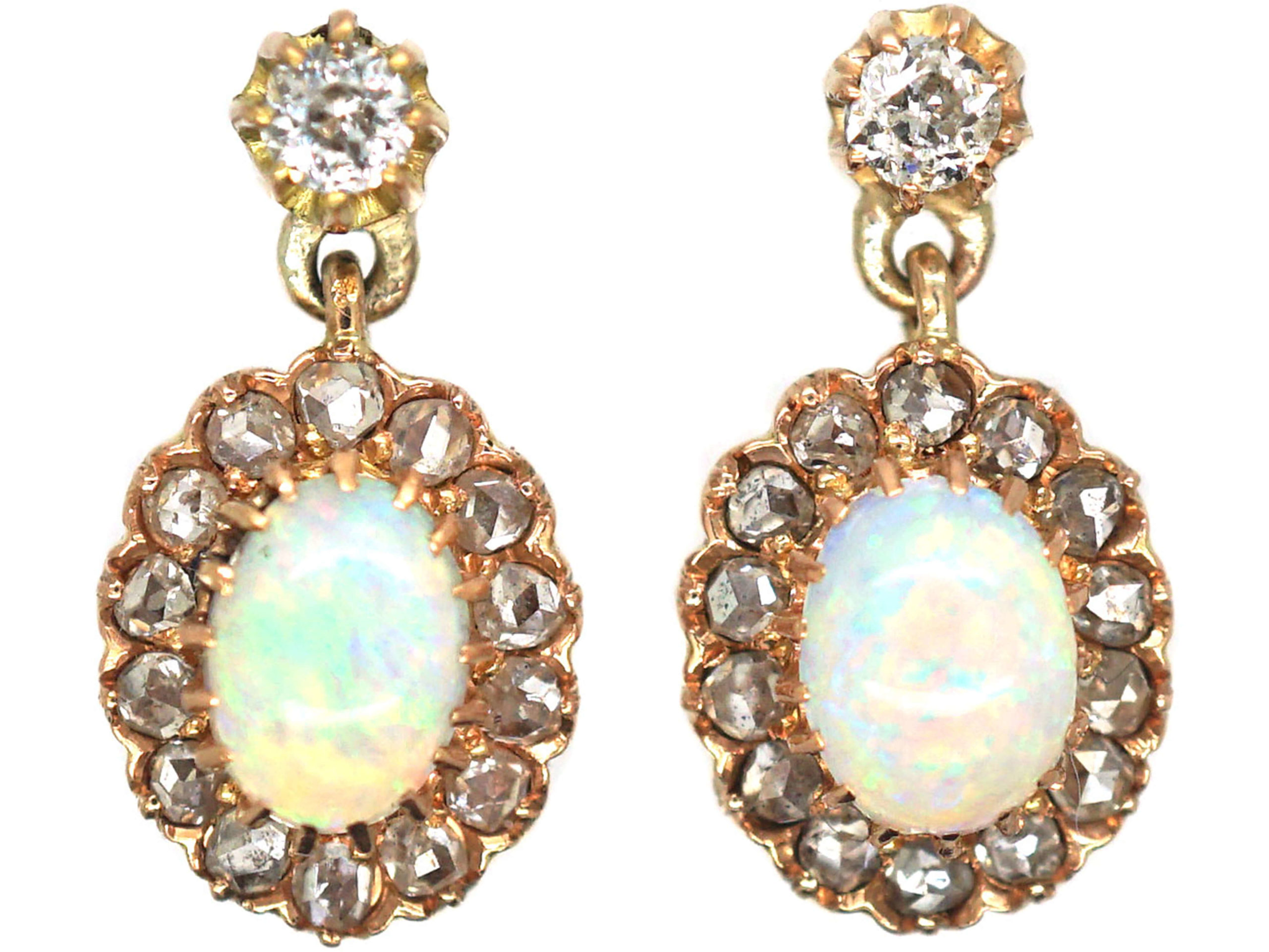 Edwardian 14ct Gold, Opal & Diamond Drop Cluster Earrings (903N) | The Antique Jewellery Company