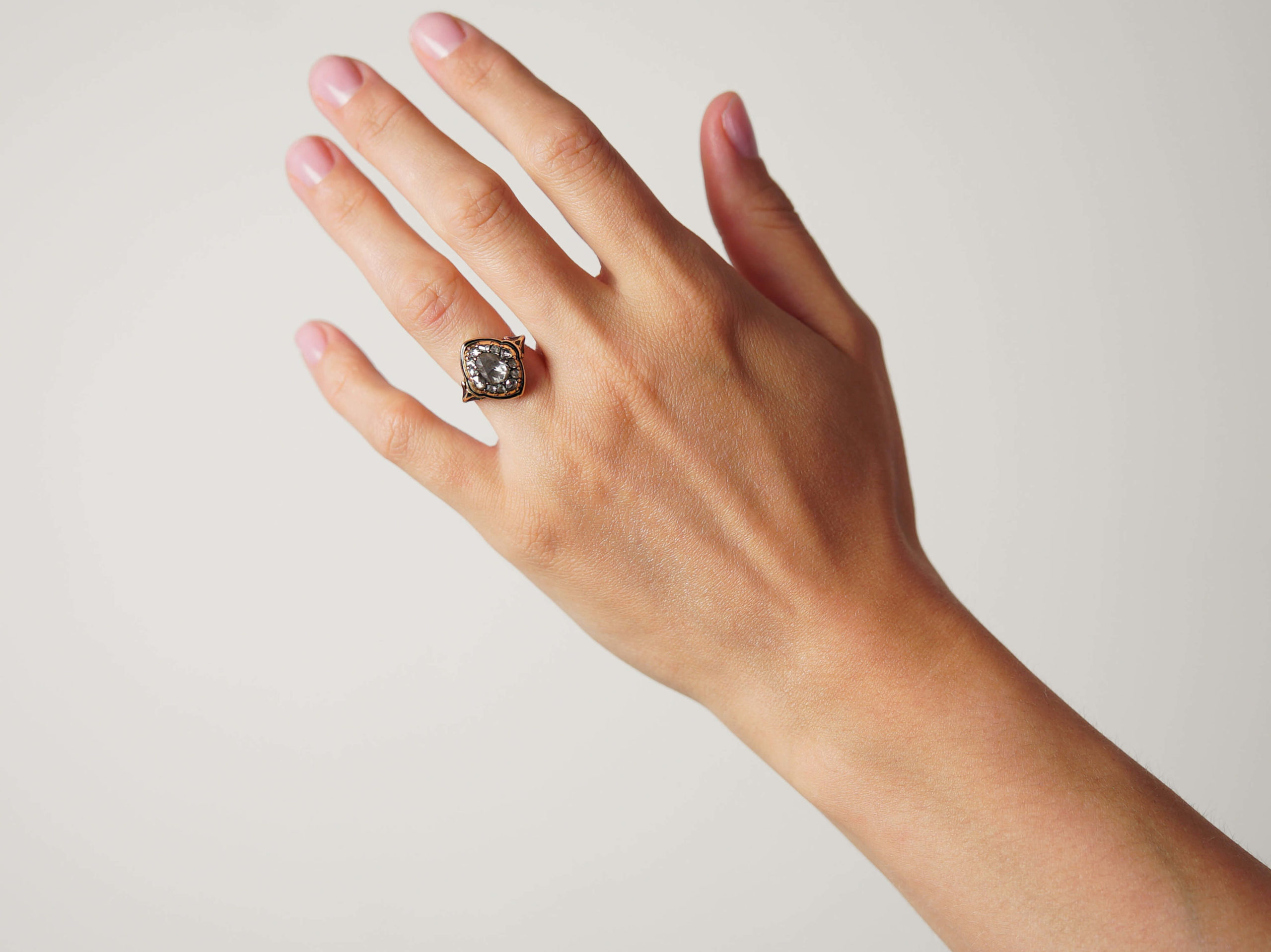 Victorian 18ct Gold And Black Enamel Rose Diamond Ring With Pear Shaped