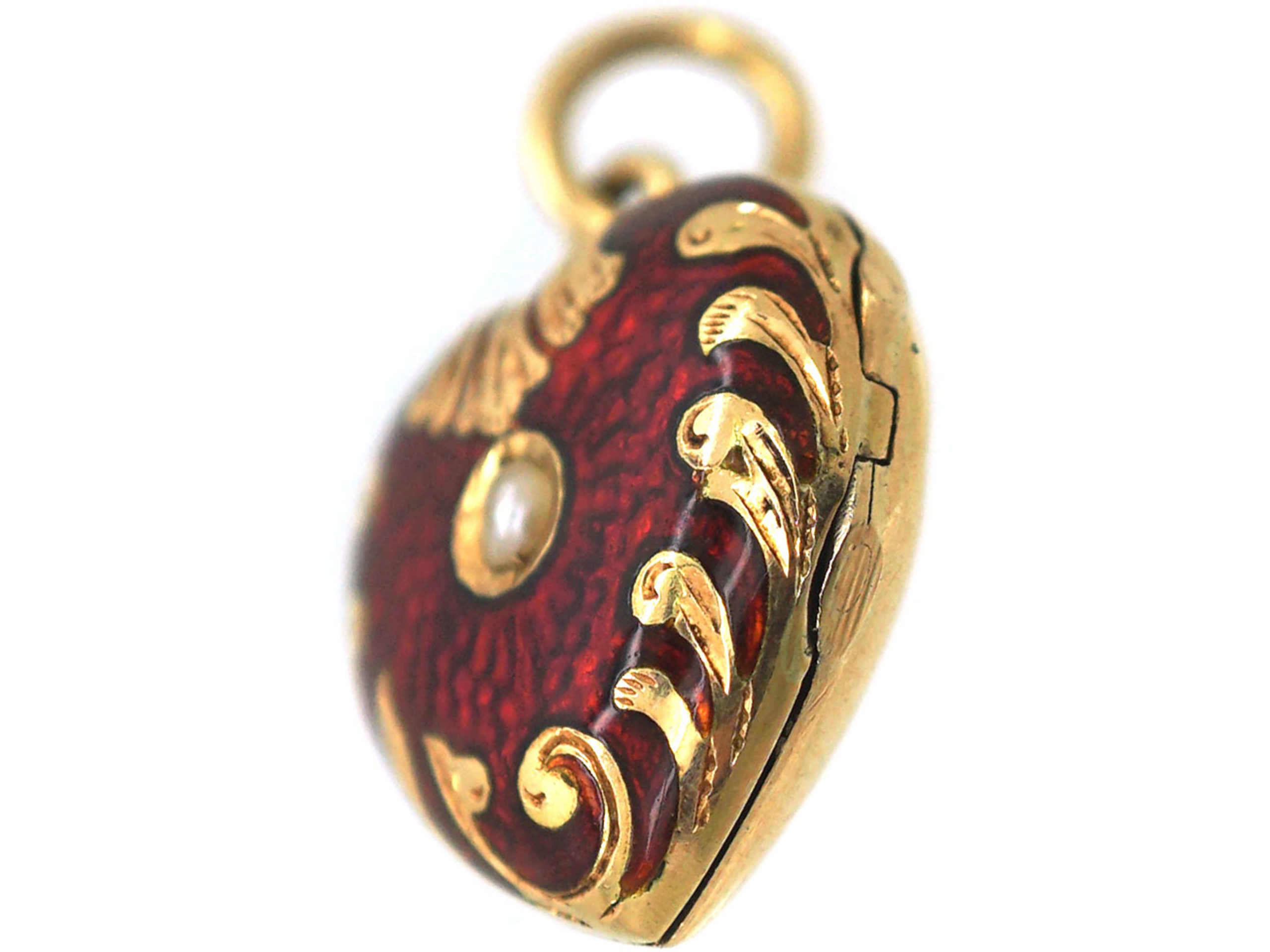 Edwardian 15ct Gold, Natural Split Pearl & Strawberry Red Enamel Heart ...