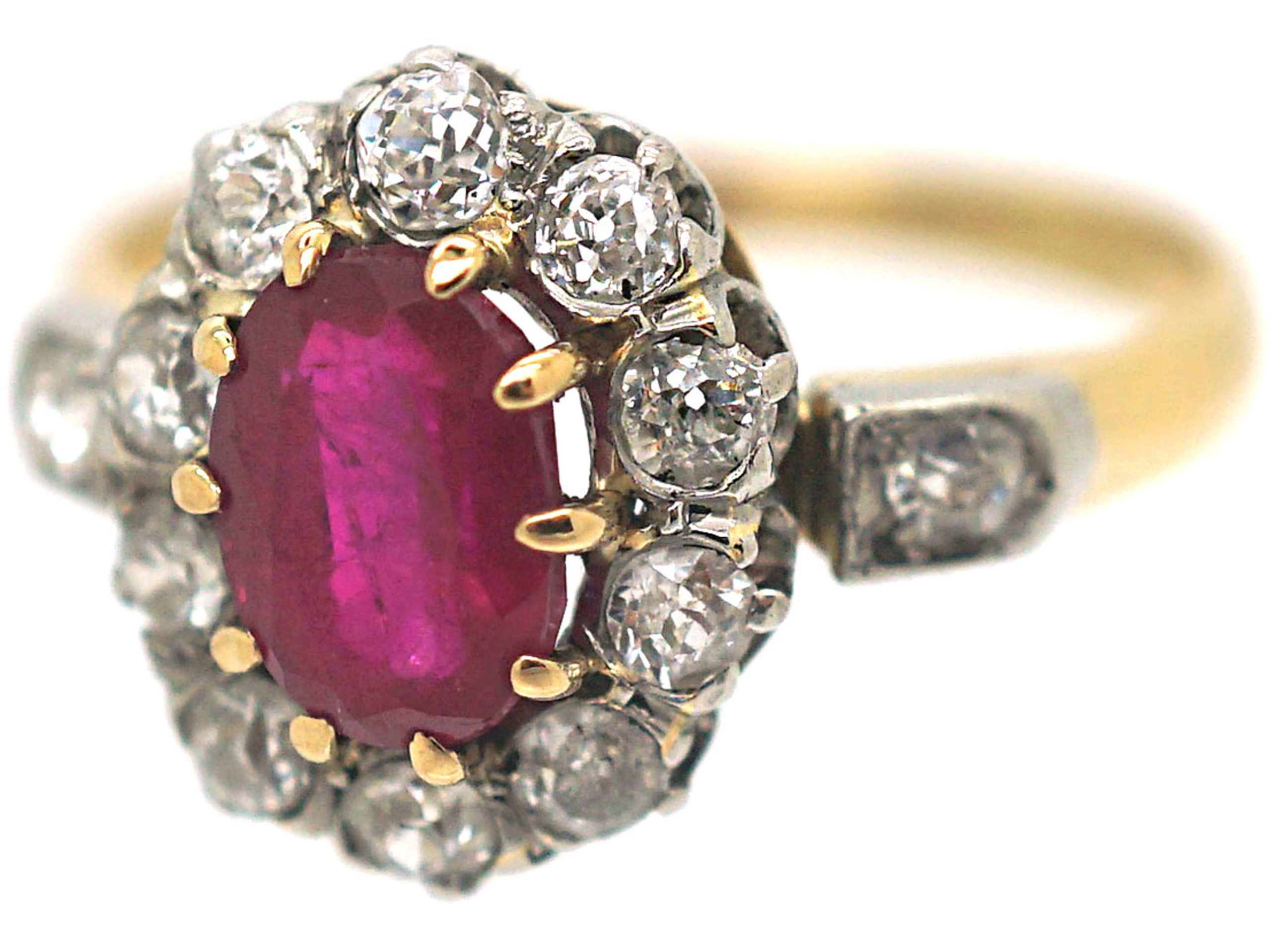 Edwardian 18ct Gold & Platinum, Ruby & Diamond Cluster Ring with ...