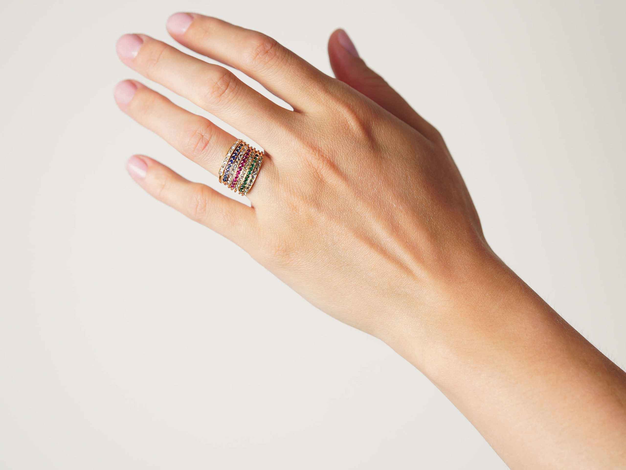 18ct Gold Seven Row Harem Ring set with Sapphires, Rubies, Emeralds ...
