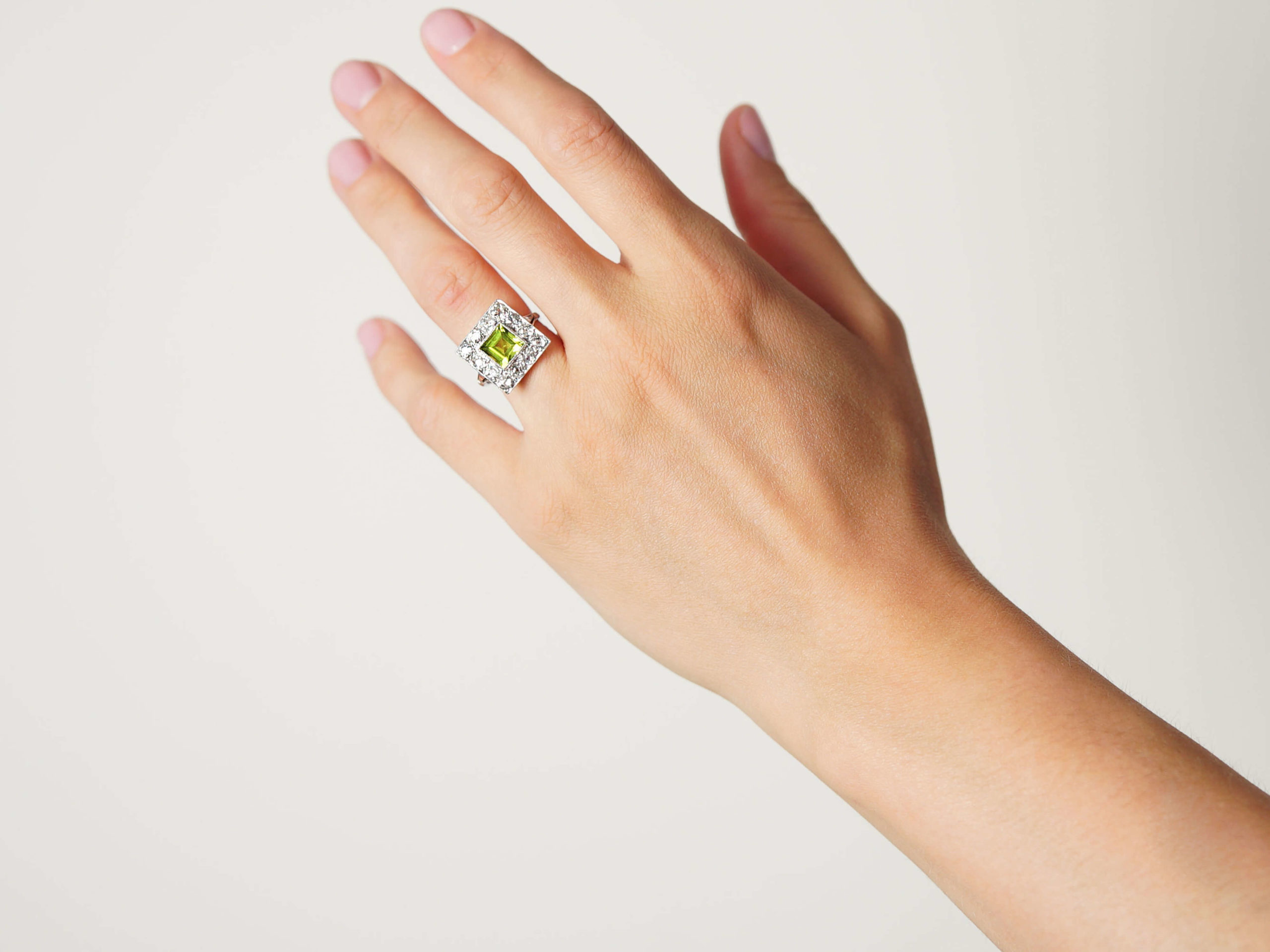 Platinum, Peridot & Diamond Square Shaped Ring (246P) | The Antique ...
